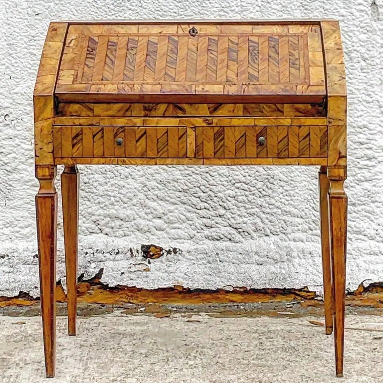 Vintage Boho Italian Chevron Burl Ladies Writing Desk For Sale at 1stDibs