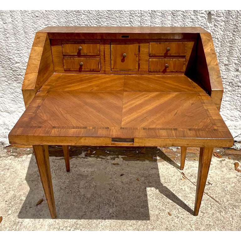 Vintage Boho Italian Chevron Burl Ladies Writing Desk For Sale at 1stDibs