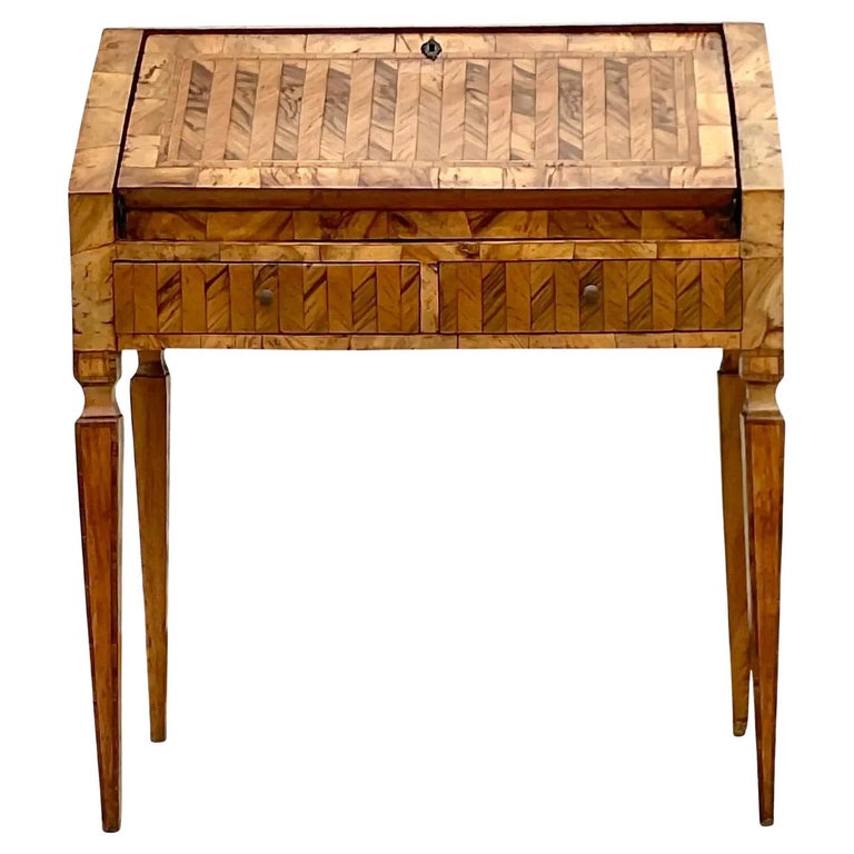 Vintage Boho Italian Chevron Burl Ladies Writing Desk For Sale at 1stDibs