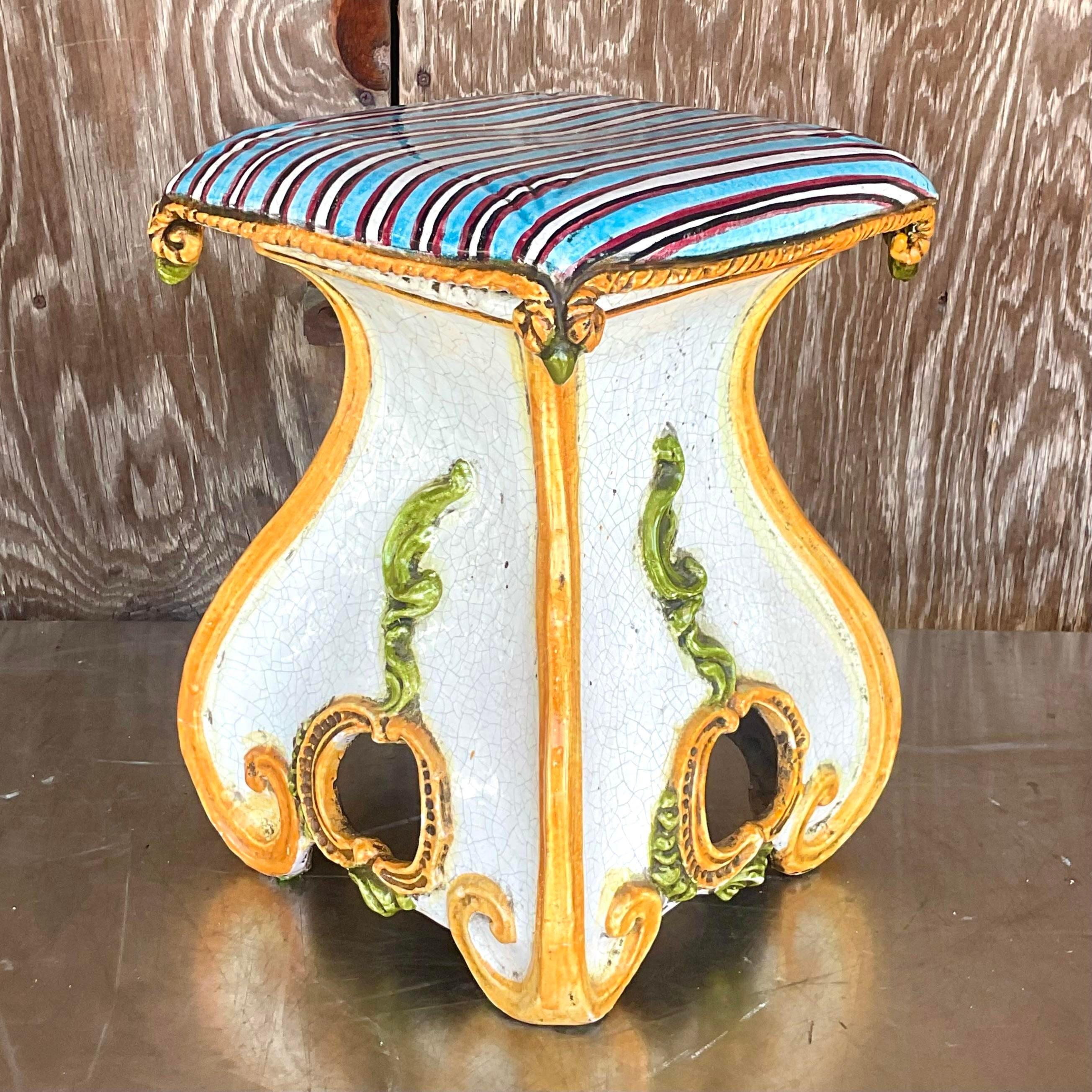Vintage Boho Italian Glazed Ceramic Stool at 1stDibs