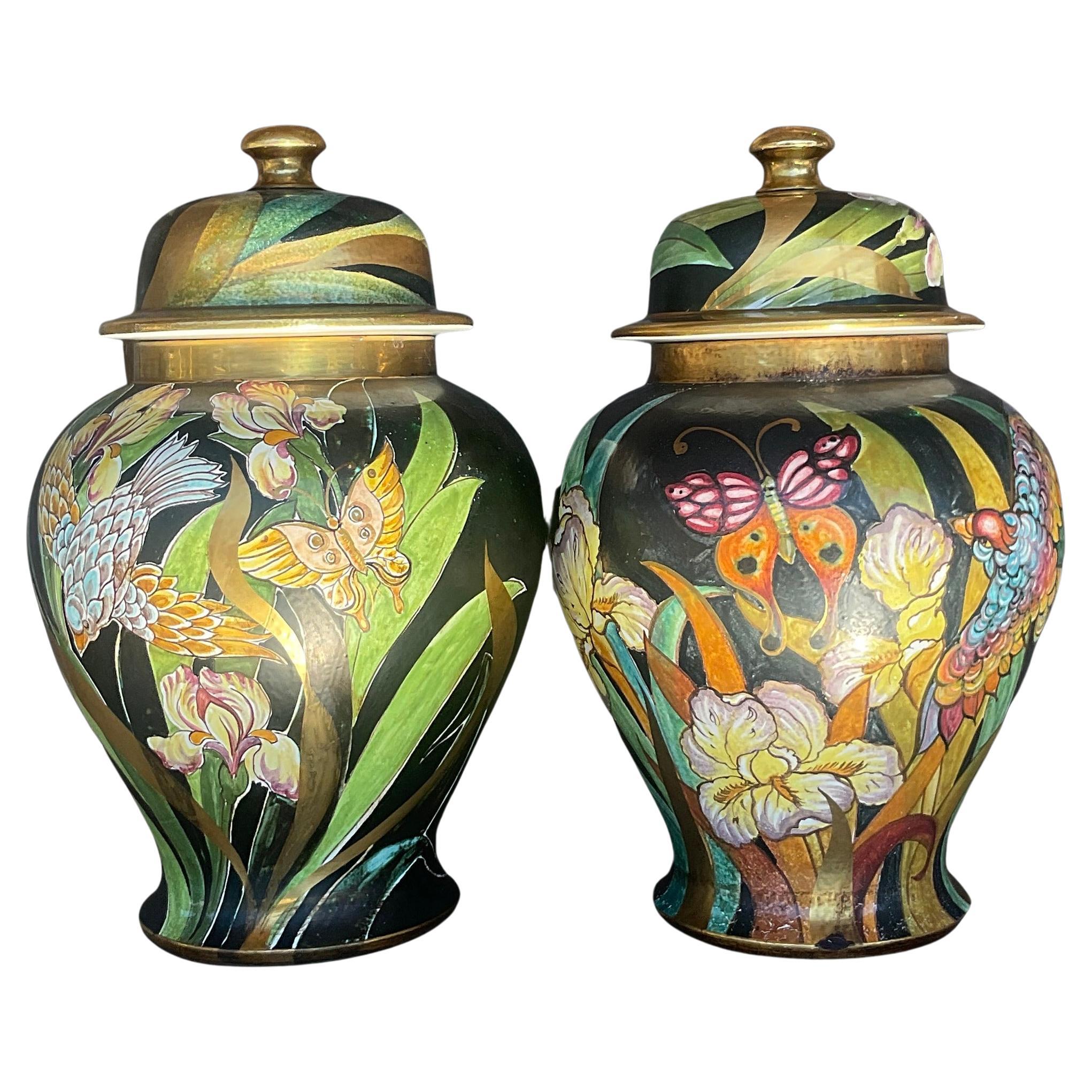 Vintage Boho Italian Hand Painted Urns - a Pair For Sale at 1stDibs