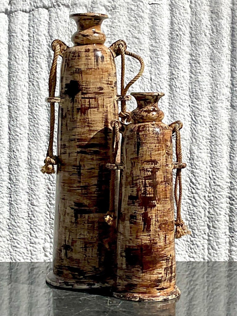 Vintage Boho Italian Painted Urns - Set of 2 For Sale at 1stDibs