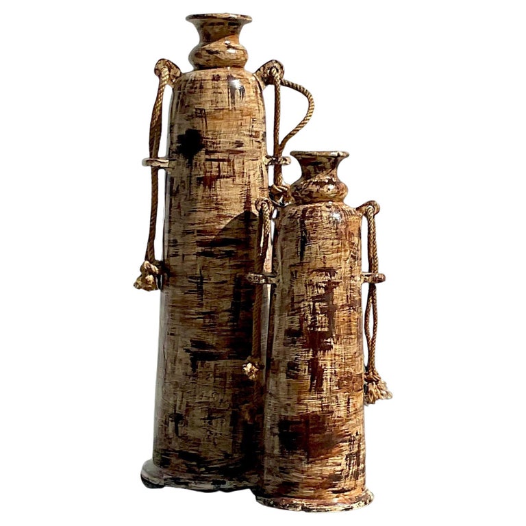 Vintage Boho Italian Painted Urns - Set of 2 For Sale at 1stDibs