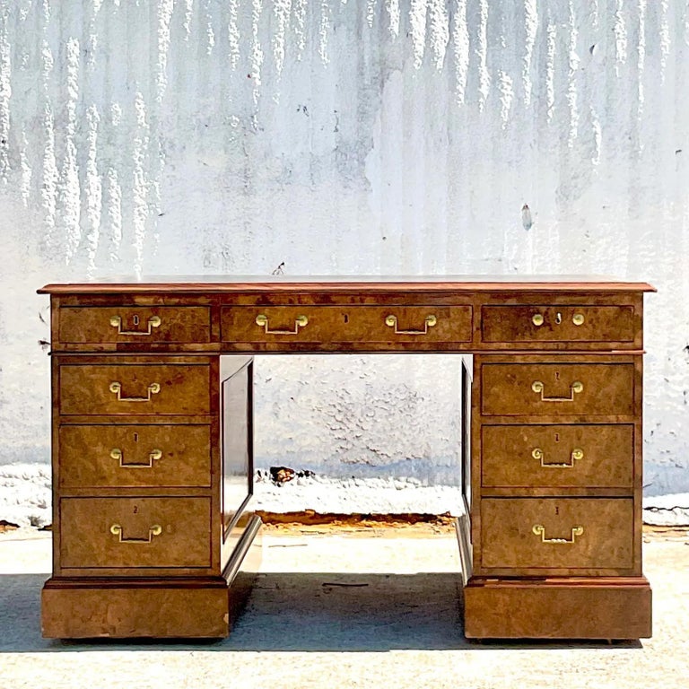 Vintage Boho Lever of London Burl Wood Partners Desk For Sale at 1stDibs