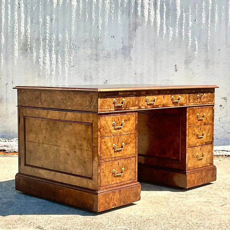 Vintage Boho Lever of London Burl Wood Partners Desk For Sale at 1stDibs