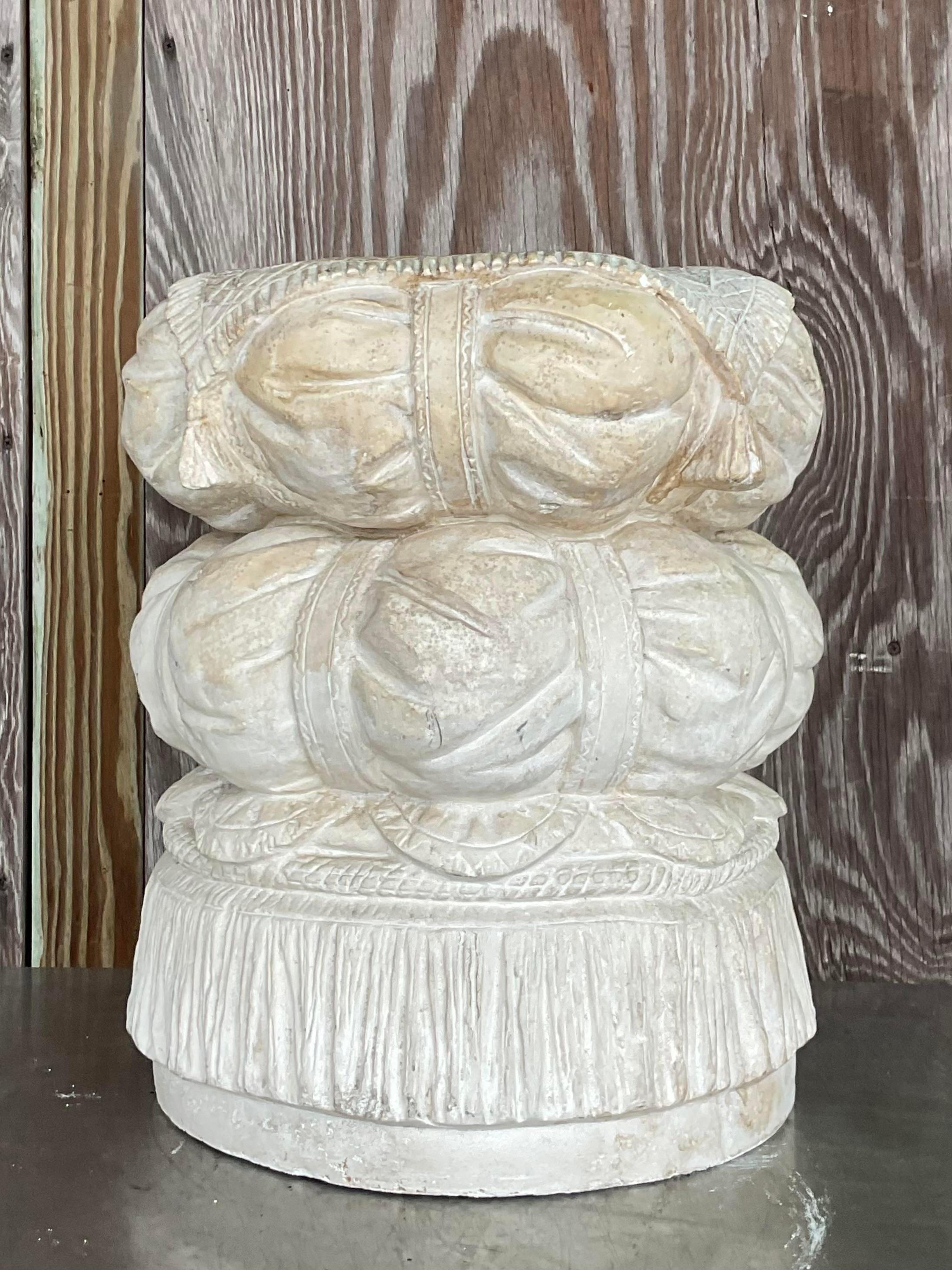 Vintage Boho Matte Ceramic Tufted Low Stool For Sale at 1stDibs