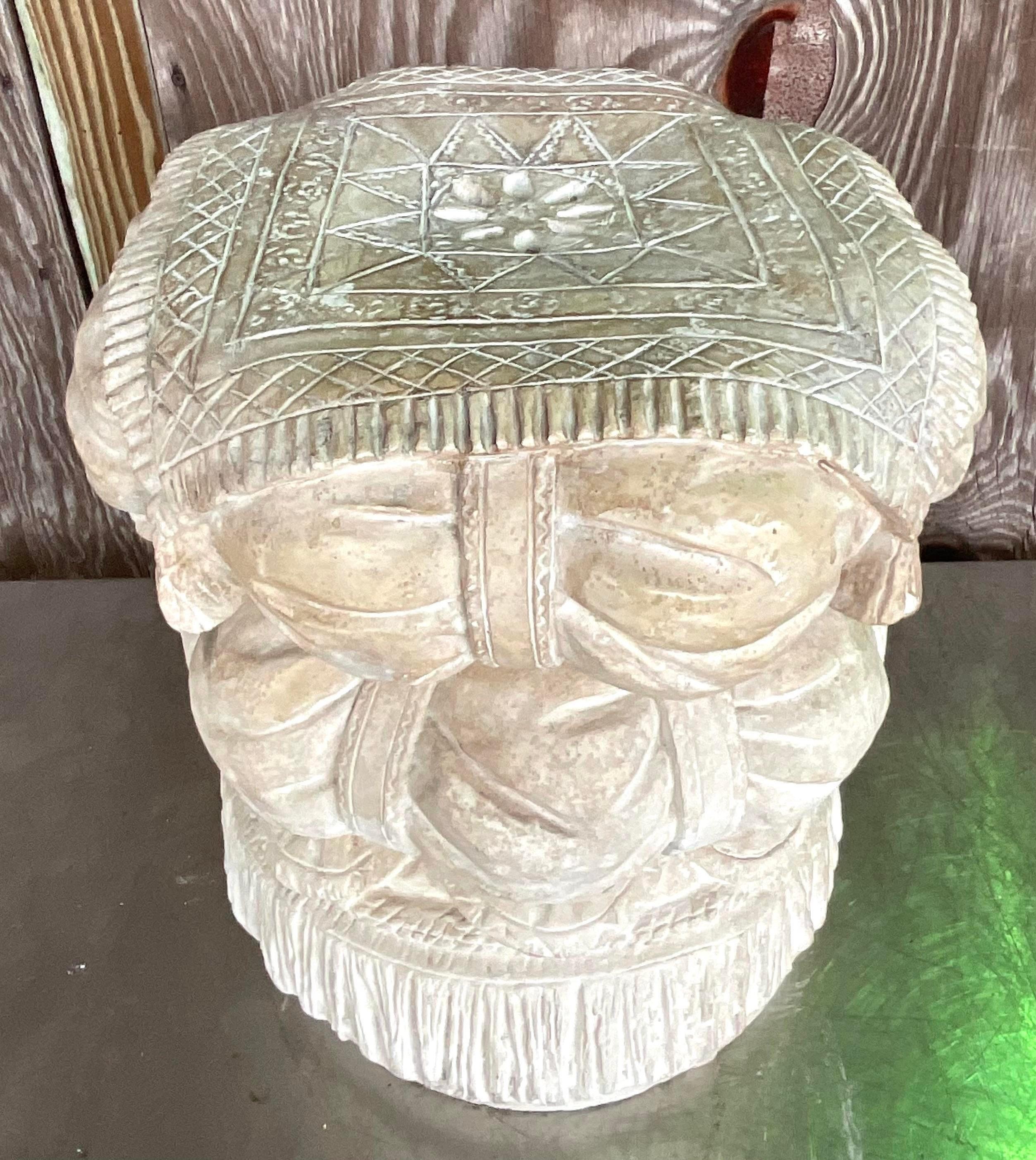 Vintage Boho Matte Ceramic Tufted Low Stool For Sale at 1stDibs