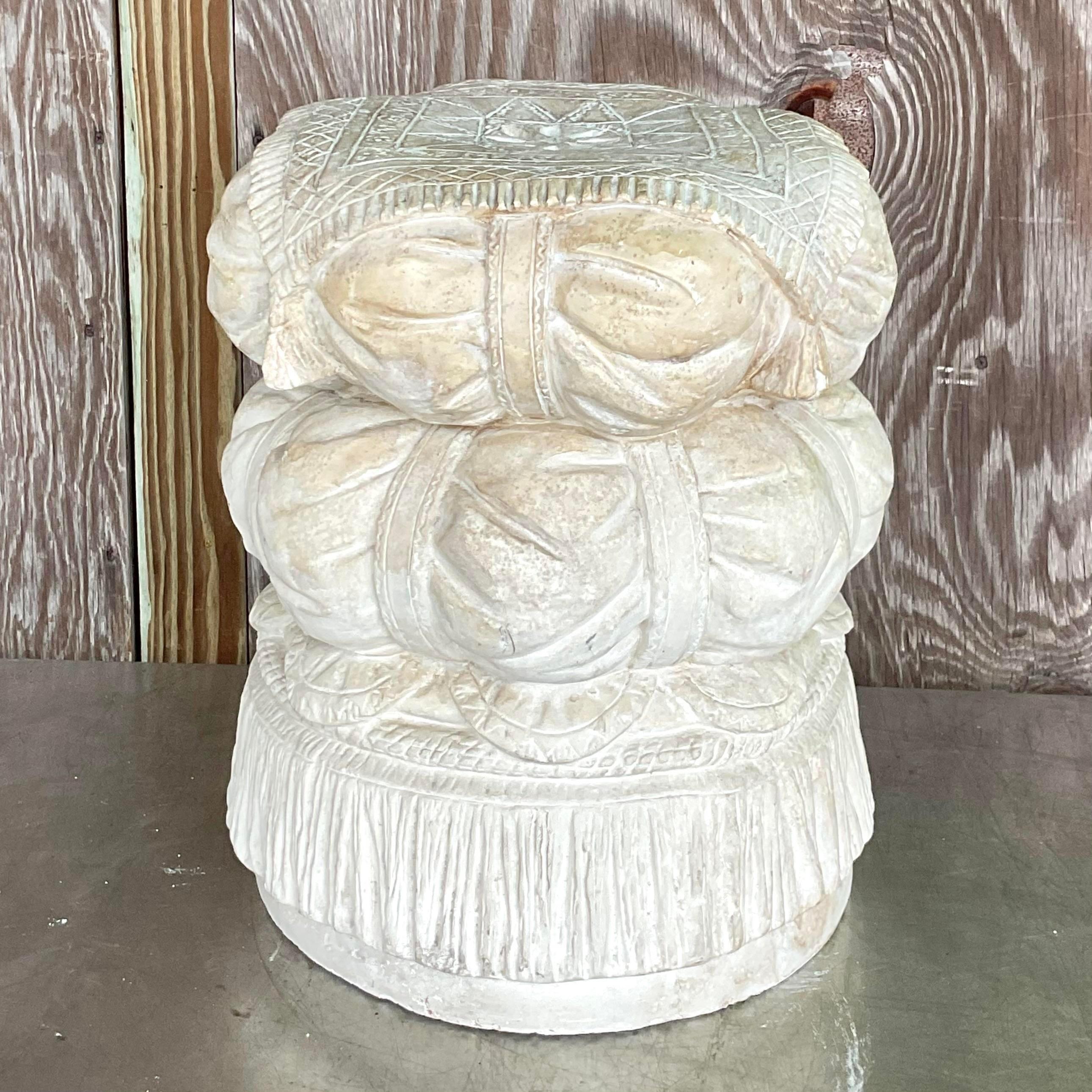 Vintage Boho Matte Ceramic Tufted Low Stool For Sale at 1stDibs