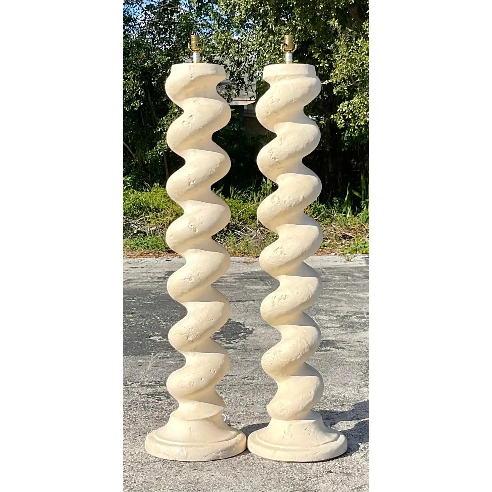Vintage Boho Michael Taylor Plaster Spiral Column Floor Lamps, a Pair ...