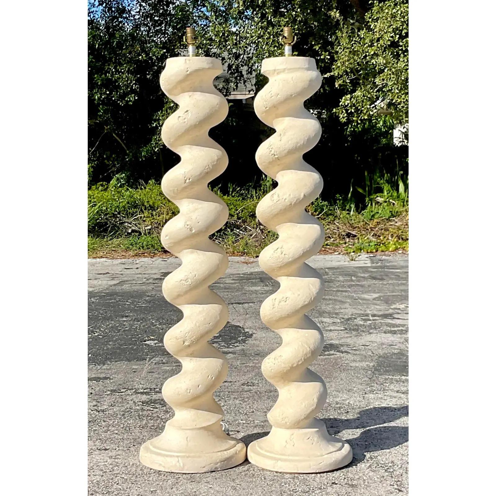 Vintage Boho Michael Taylor Plaster Spiral Column Floor Lamps, a Pair ...