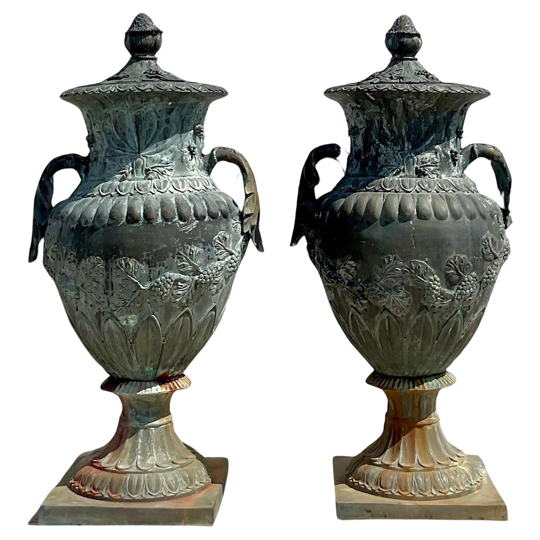 Vintage Boho Monumental Bronze Lidded Urns - a Pair For Sale at 1stDibs