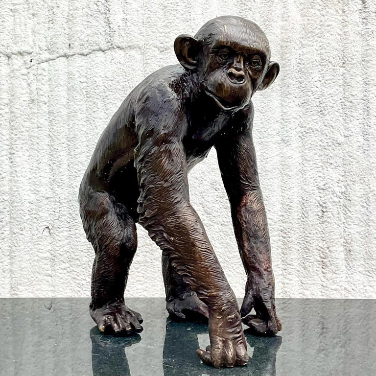 Vintage Boho Monumental Bronze Monkey Sculpture For Sale at 1stDibs