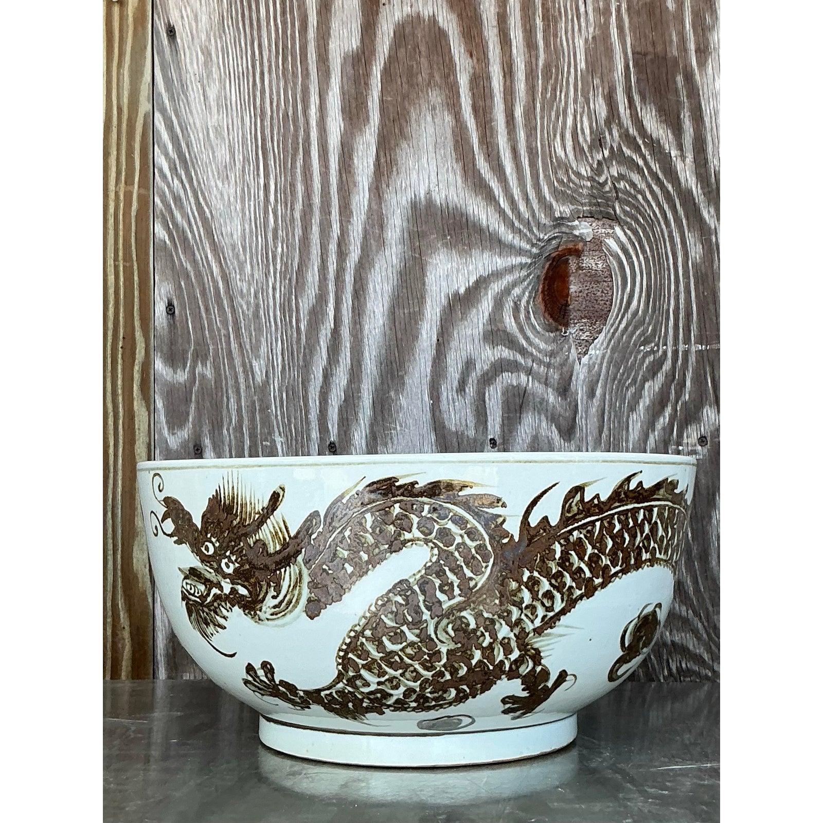Vintage Boho Monumental Glazed Ceramic Bowl For Sale at 1stDibs