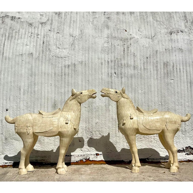 Vintage Boho Monumental Tessellated Bone Horses, a Pair For Sale at 1stDibs