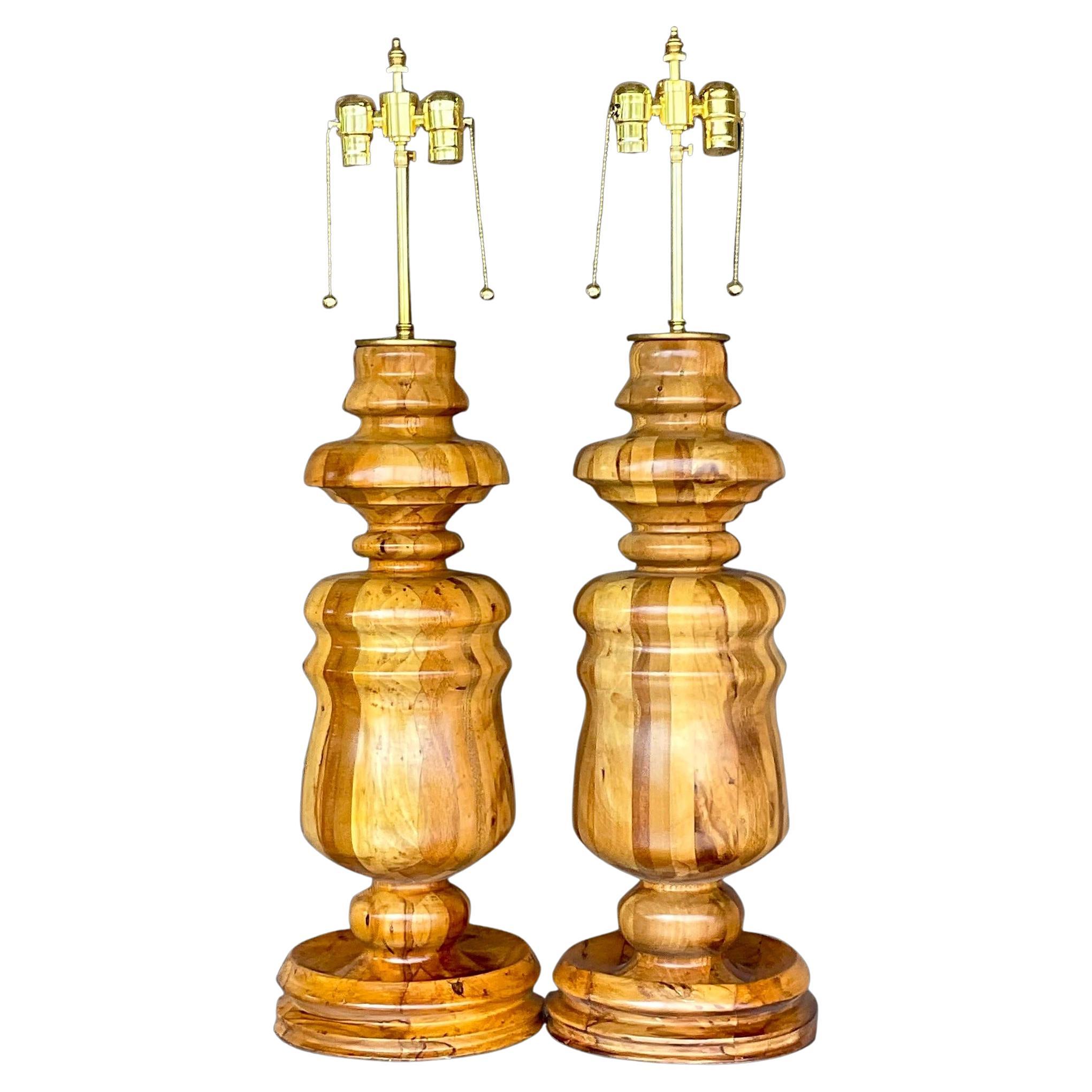 Vintage Boho Monumental Turned Wood Table Lamps, a Pair For Sale at 1stDibs