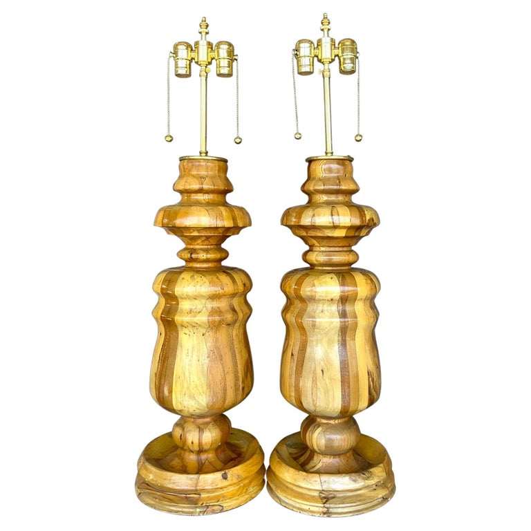 Vintage Boho Monumental Turned Wood Table Lamps, a Pair For Sale at 1stDibs