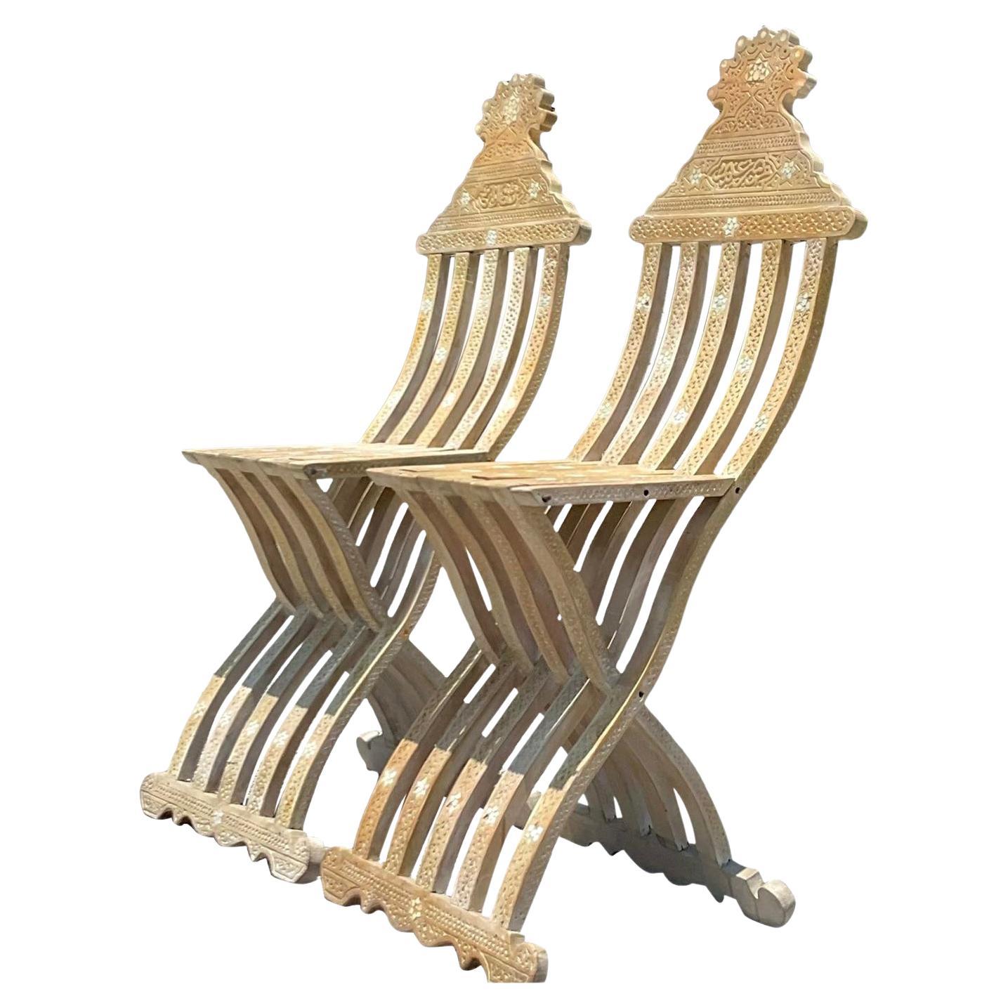 Vintage Boho Moroccan Inlay Chairs - a Pair For Sale at 1stDibs