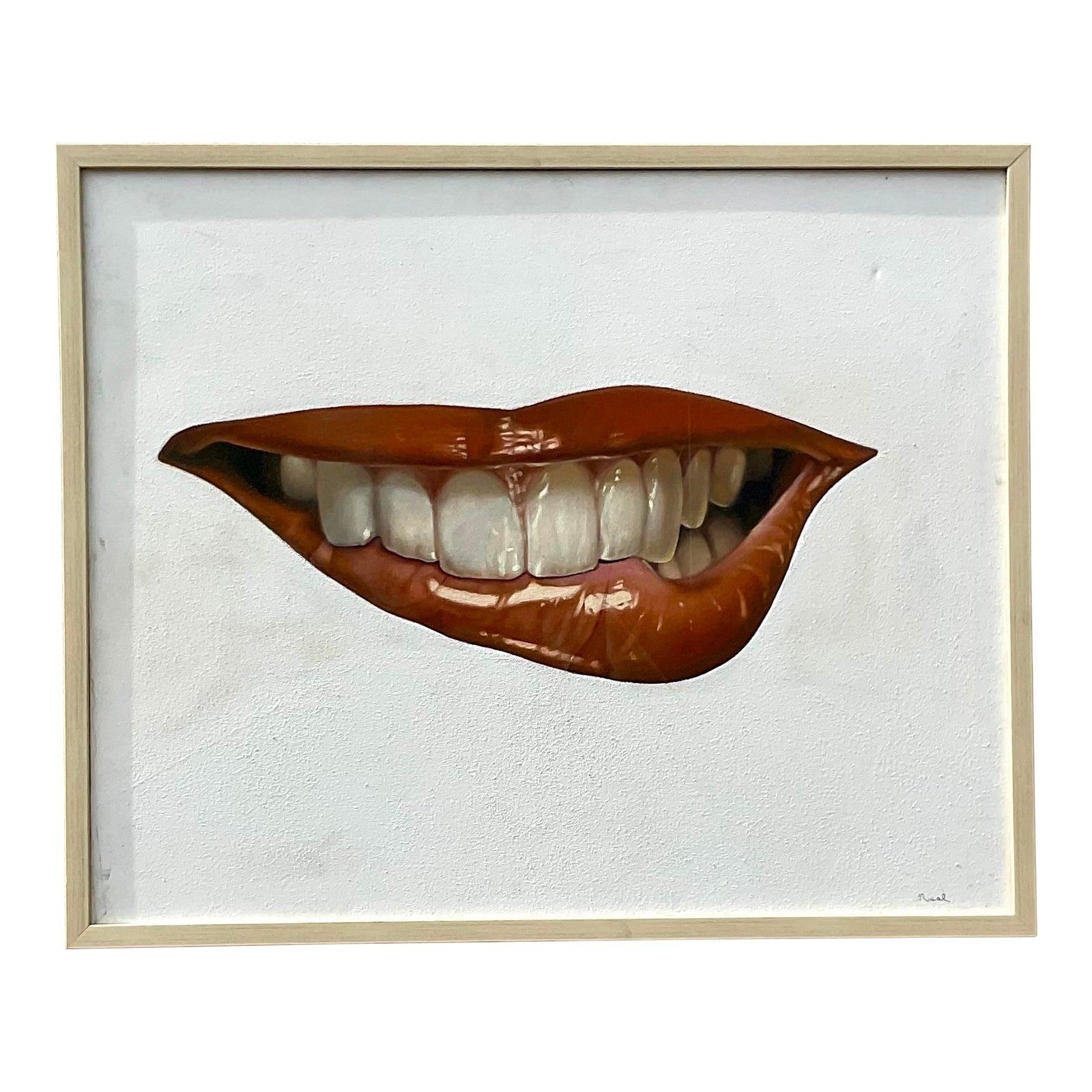 Vintage Boho Original Oil Painting of Lips at 1stDibs