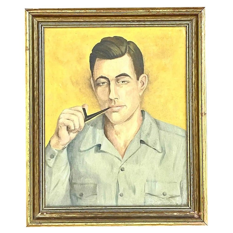 Vintage Boho Original Oil Painting of Man with Pipe For Sale at 1stDibs