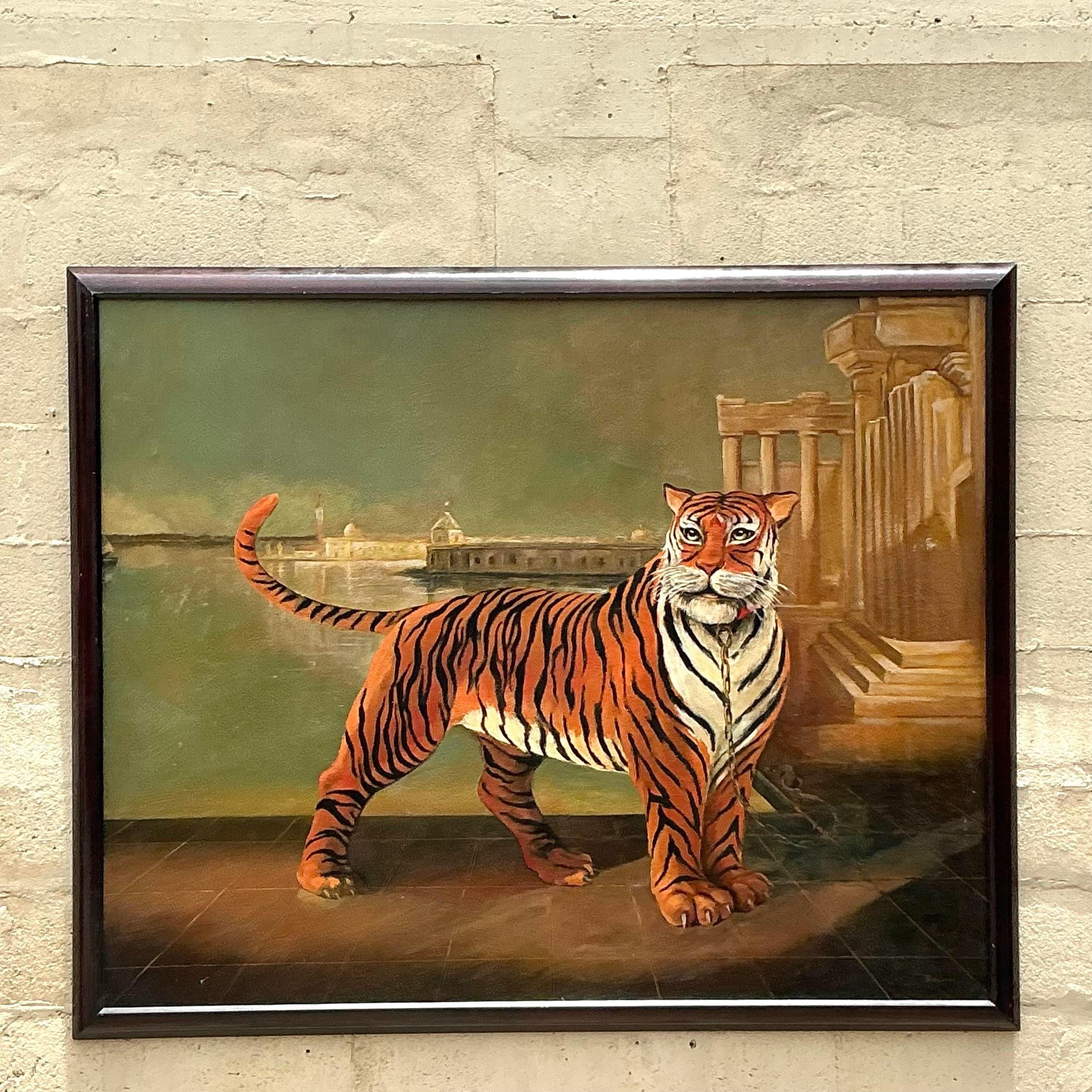 Vintage Boho Original Oil Painting of Tiger For Sale at 1stDibs