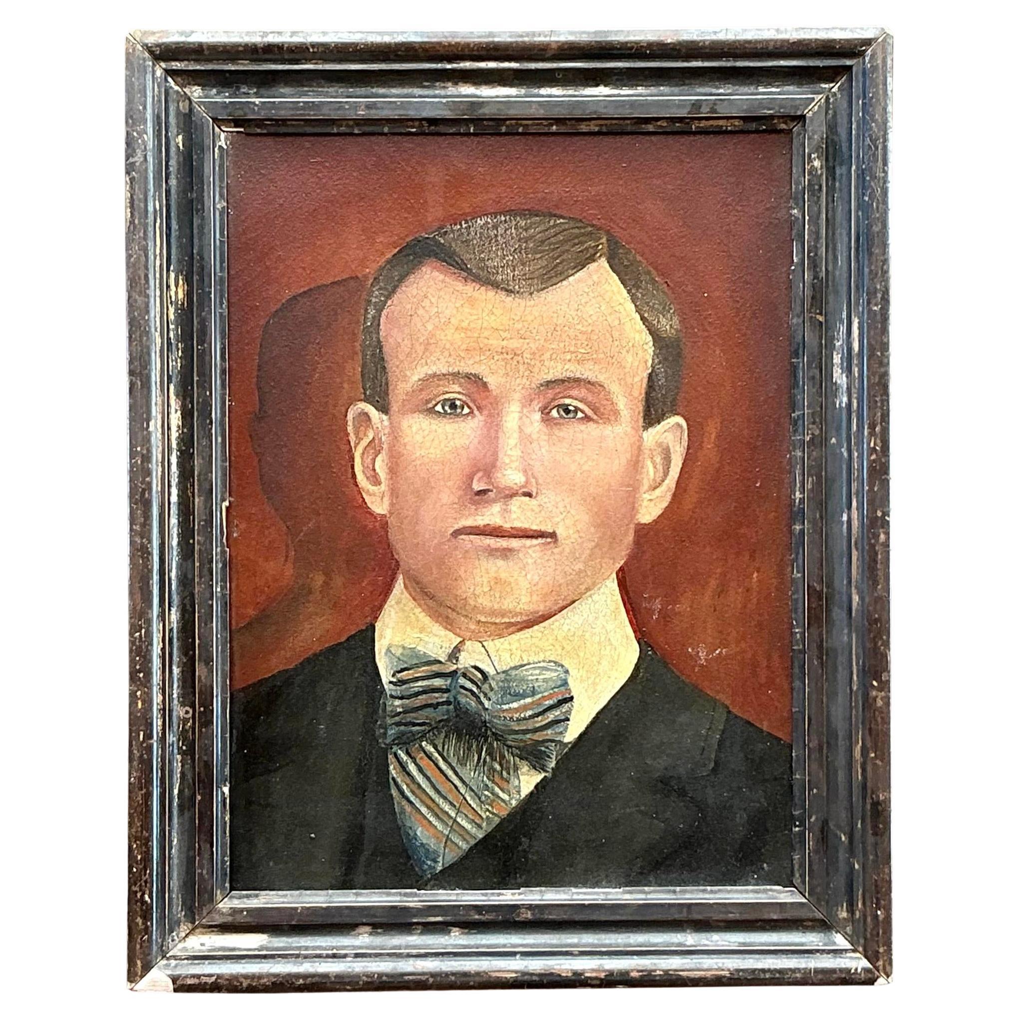 Vintage Boho Original Oil Portrait on Canvas For Sale at 1stDibs