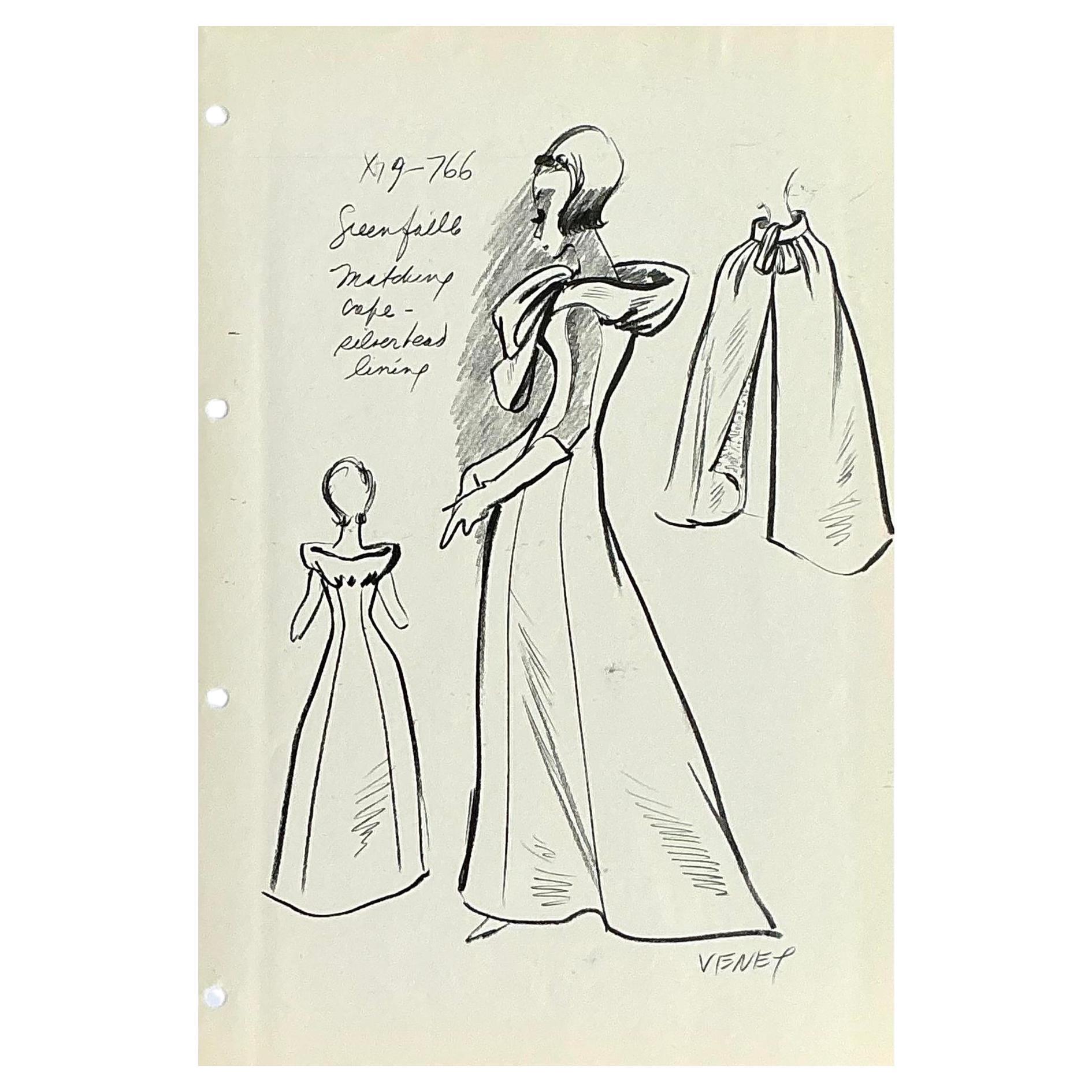 Vintage MCM Original Madame Gres Fahion Sketch For Sale at 1stDibs