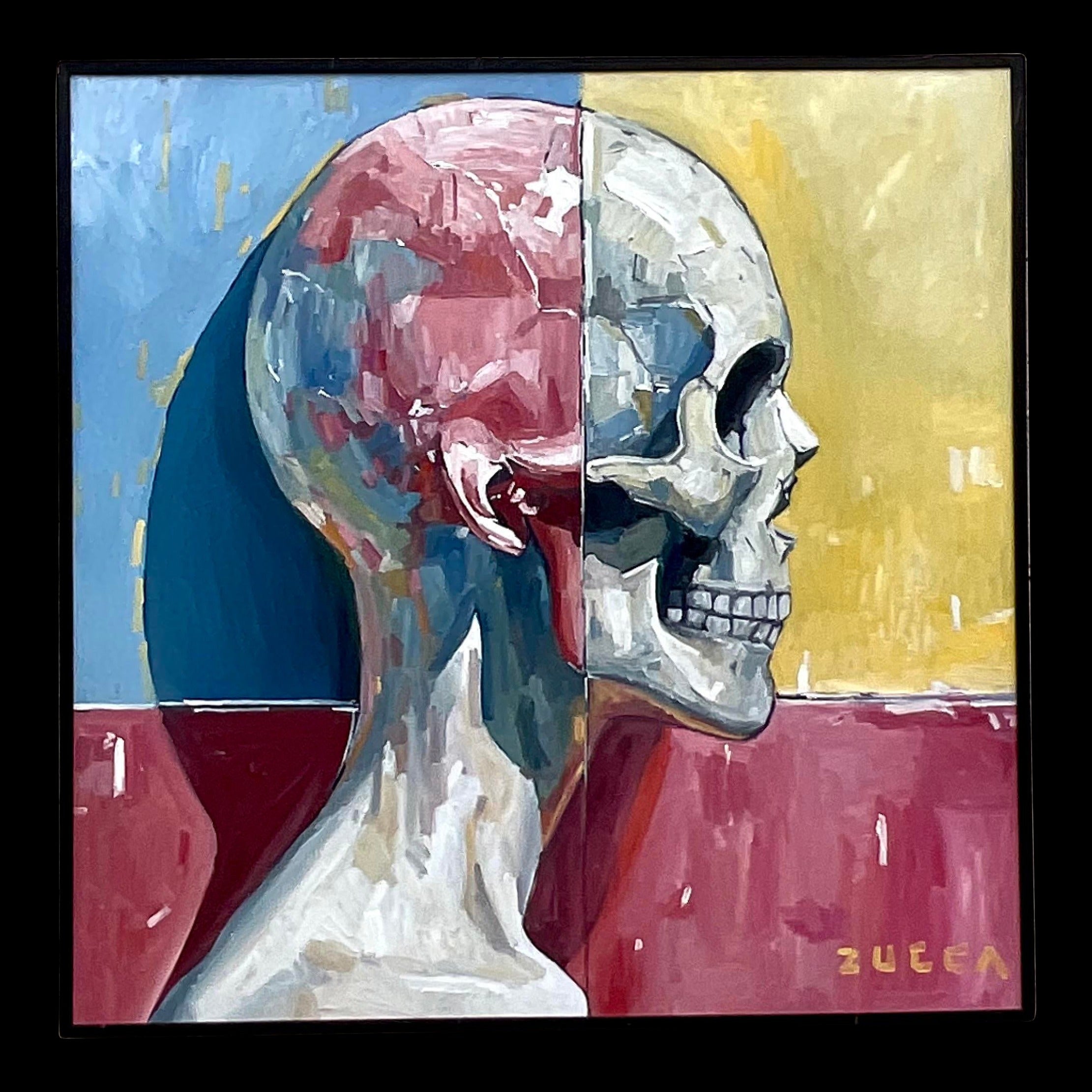 Vintage Boho Original Skull Oil Painting on Board For Sale at 1stDibs