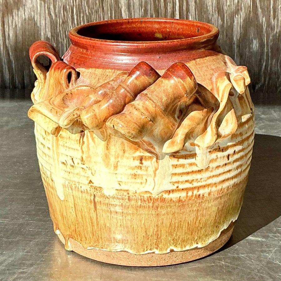Vintage Boho Original Studio Pottery Ribbon Vase For Sale at 1stDibs