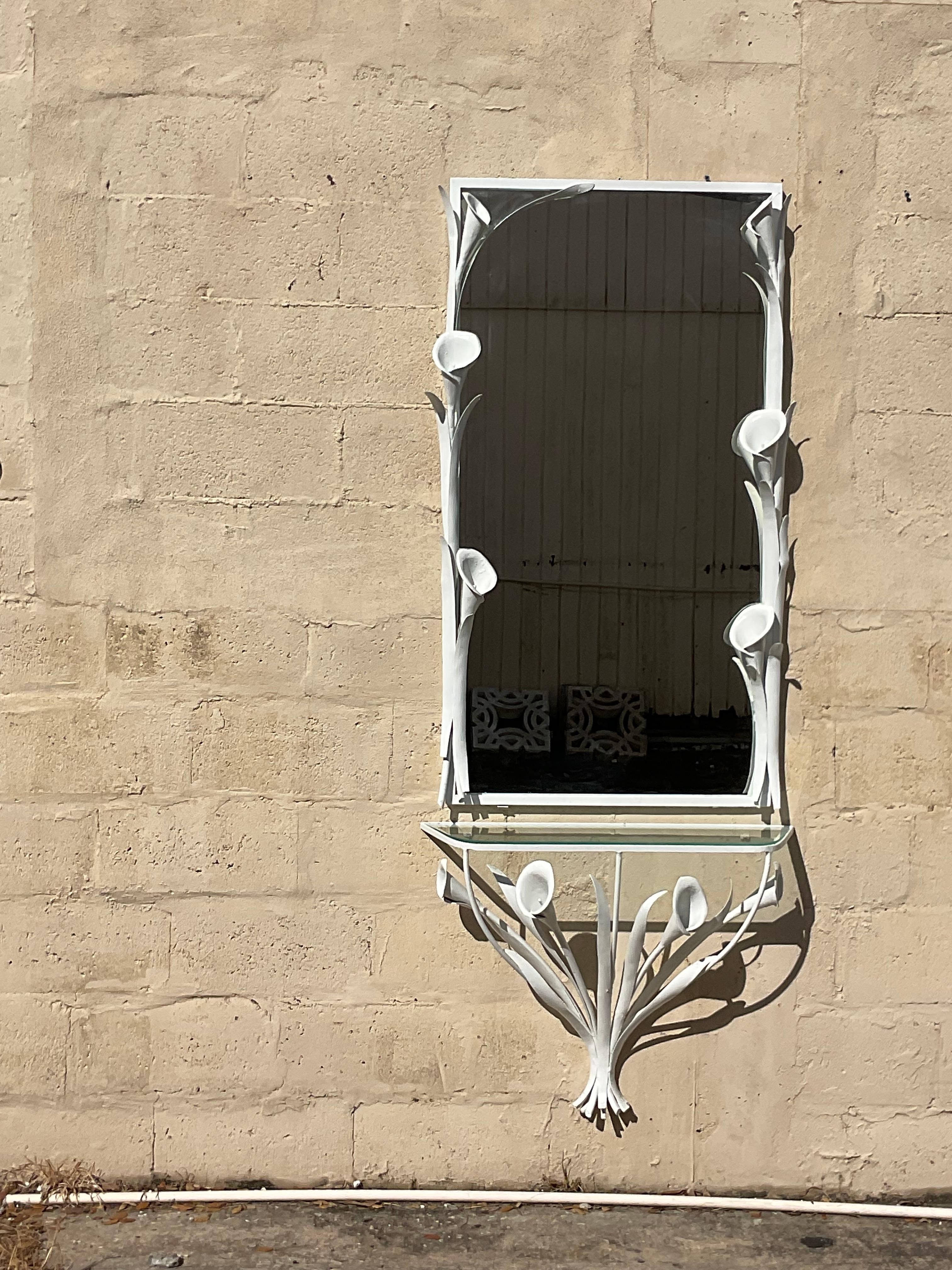 Vintage Boho Painted Metal Lily Hall Mirror and Table For Sale at 1stDibs