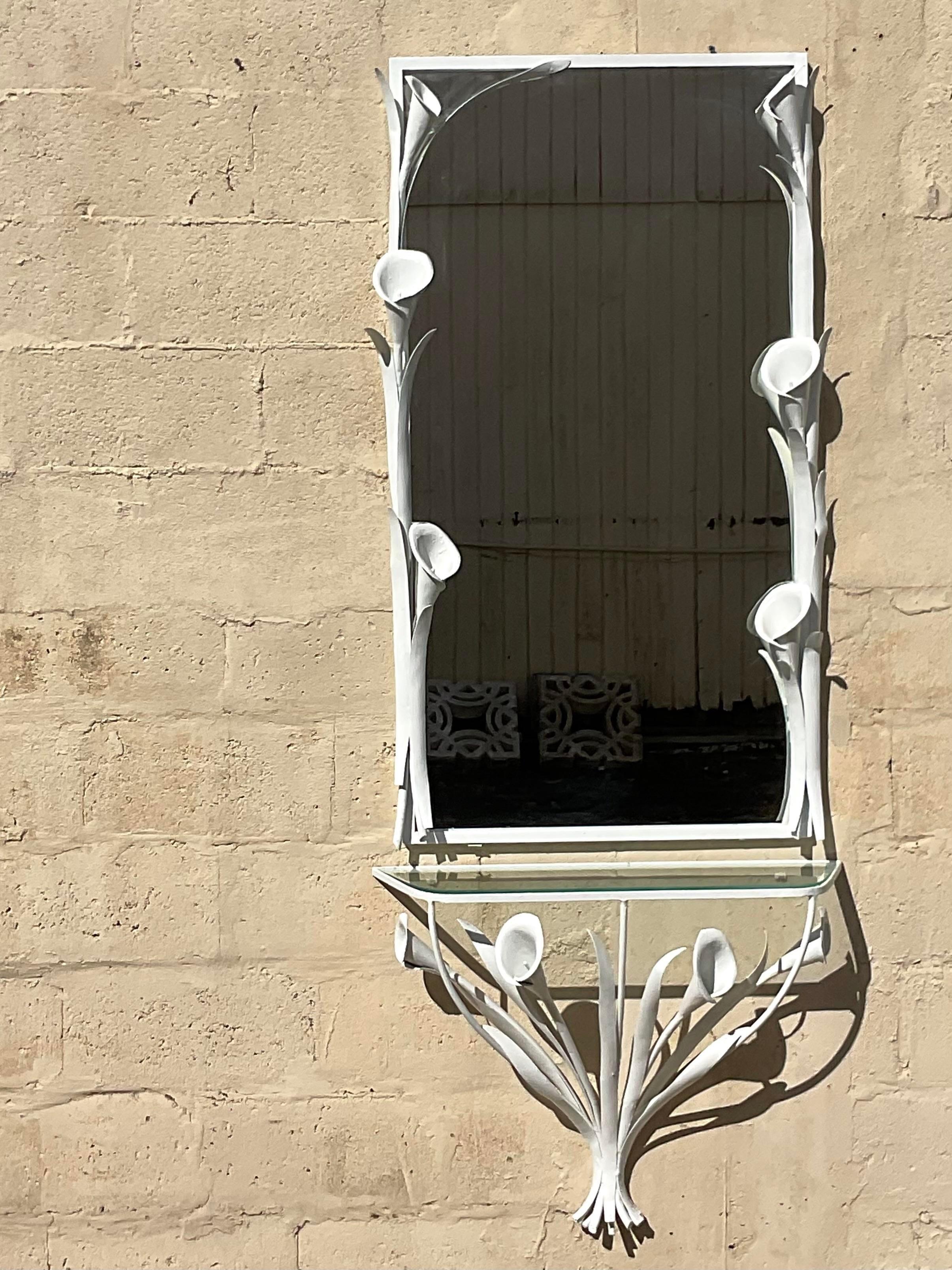 Vintage Boho Painted Metal Lily Hall Mirror and Table For Sale at 1stDibs