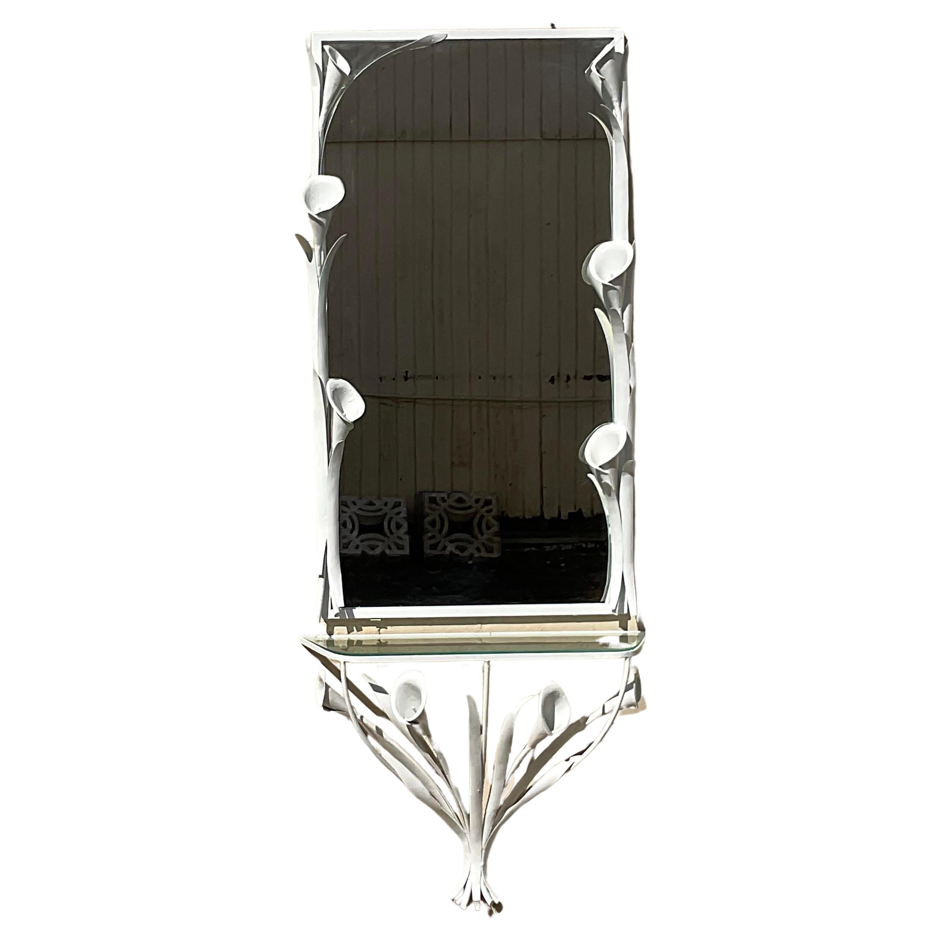 Vintage Boho Painted Metal Lily Hall Mirror and Table For Sale at 1stDibs