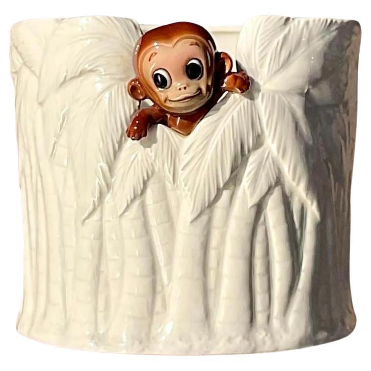Vintage Boho Palm Relief Glazed Ceramic Cache Pot With Monkey For Sale ...