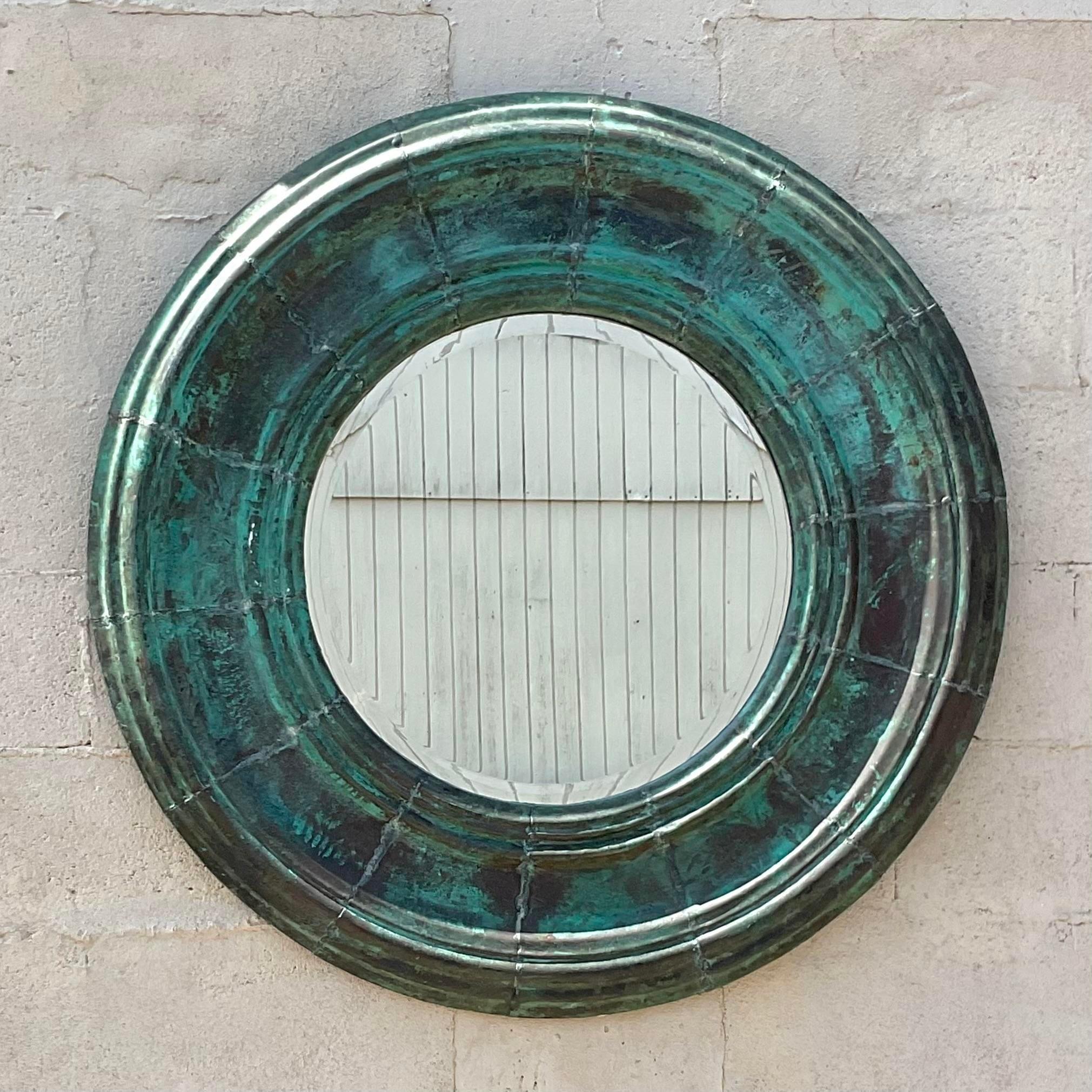 Vintage Boho Patinated Copper Mirror For Sale at 1stDibs