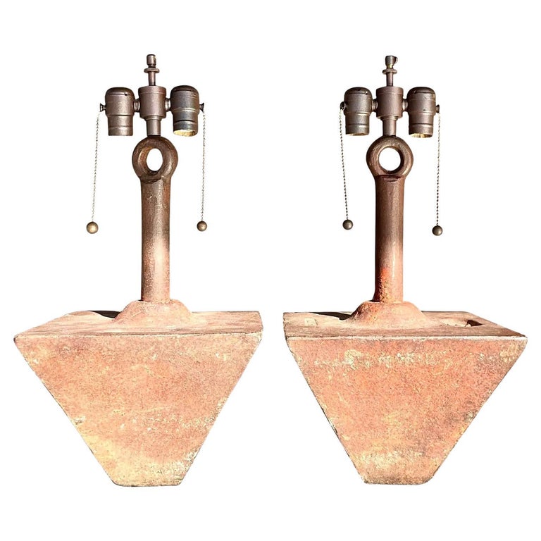 Vintage Boho Patinated Iron Boat Weight Lamps - a Pair For Sale at 1stDibs