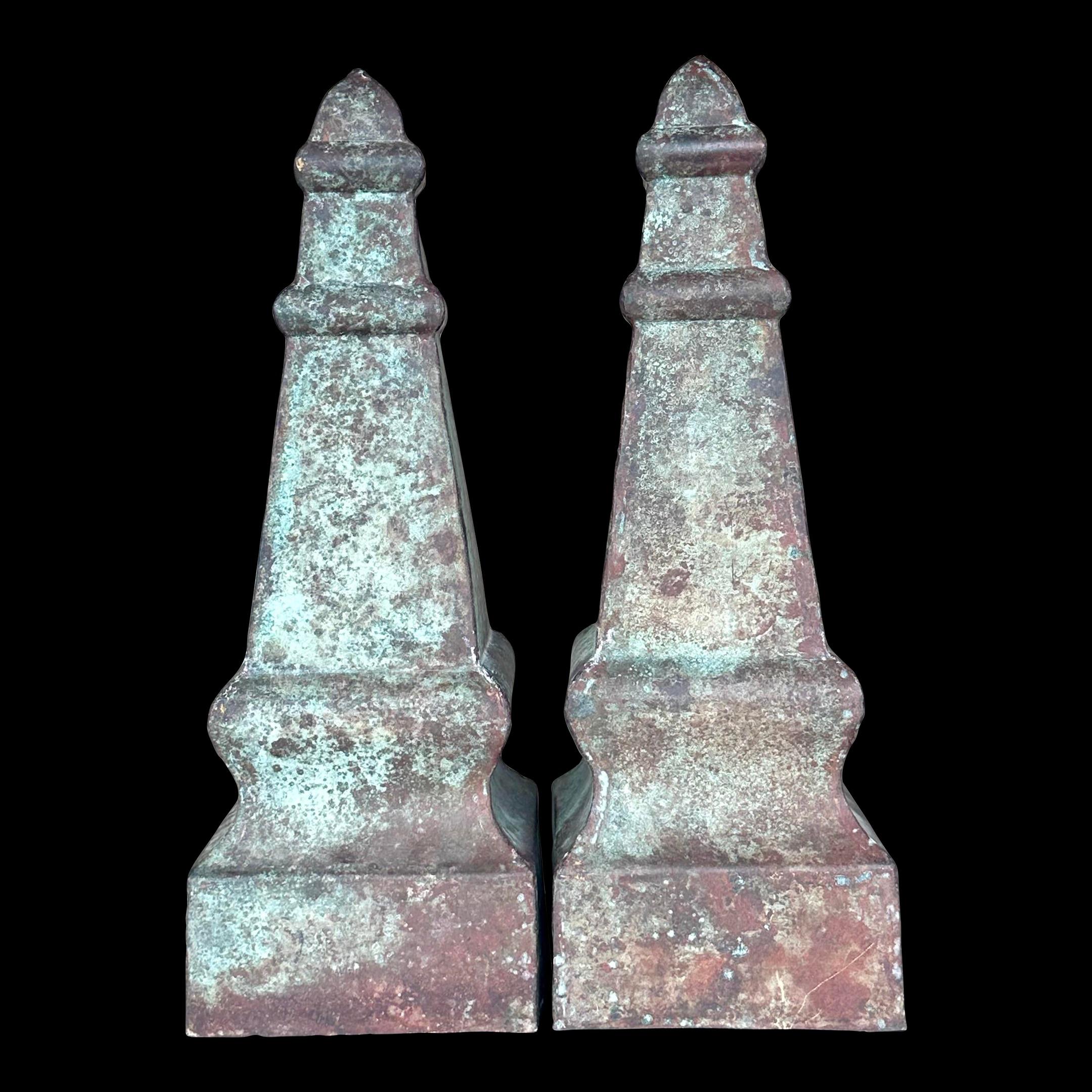 Vintage Boho Patinated Metal Obelisks - a Pair For Sale at 1stDibs