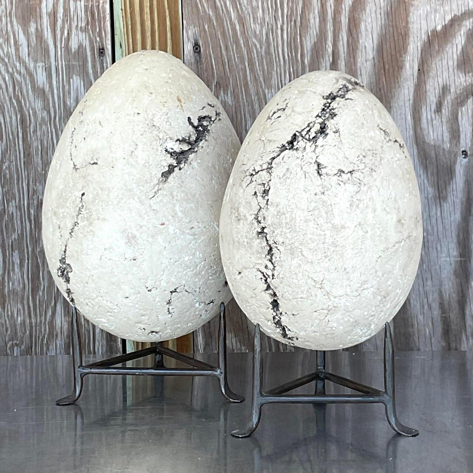 Vintage Boho Patinated Plaster Eggs on Stands - Set of 2 For Sale at ...
