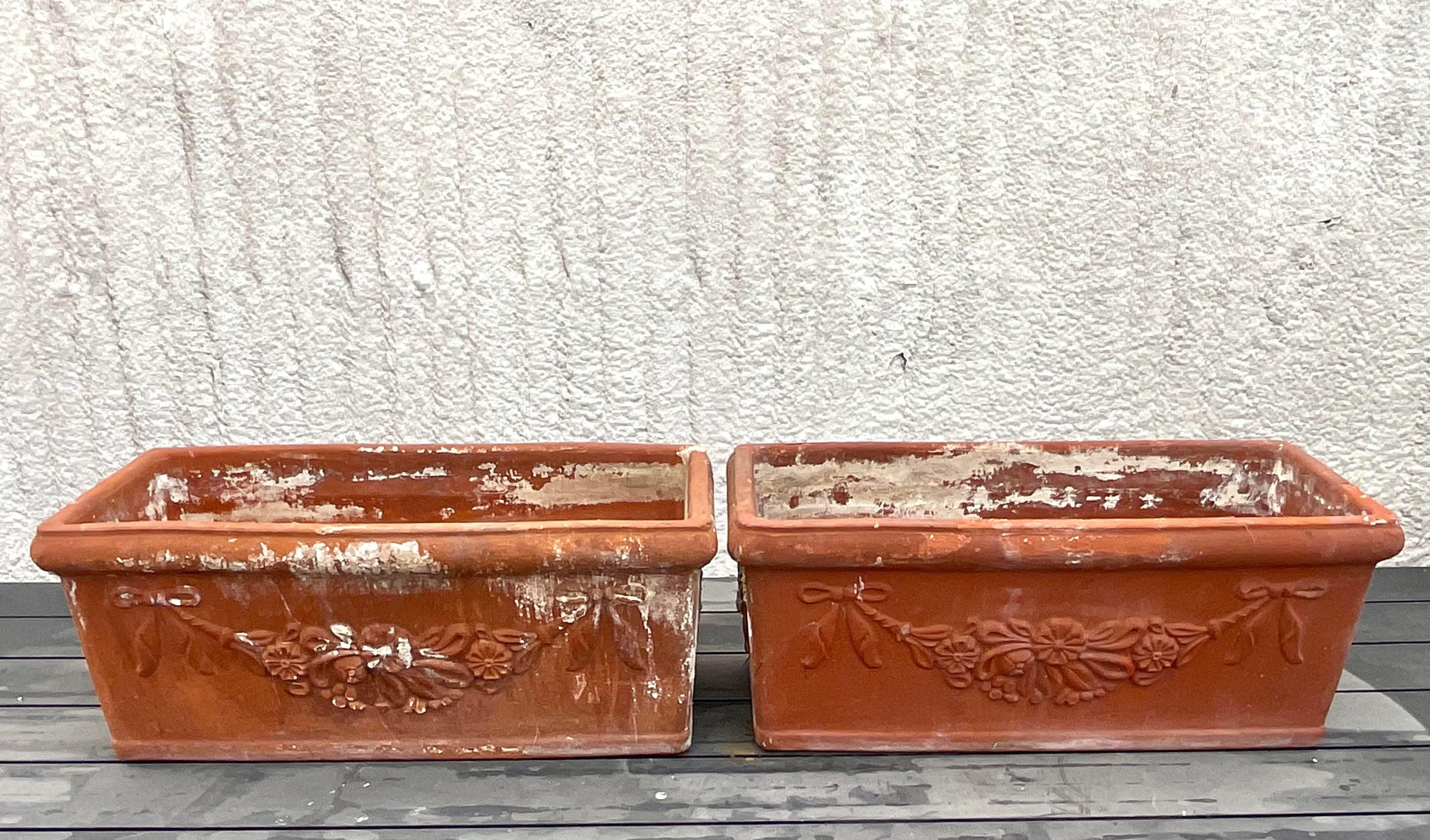 Vintage Boho Patinated Terra Cotta Planter Boxes - a Pair For Sale at ...