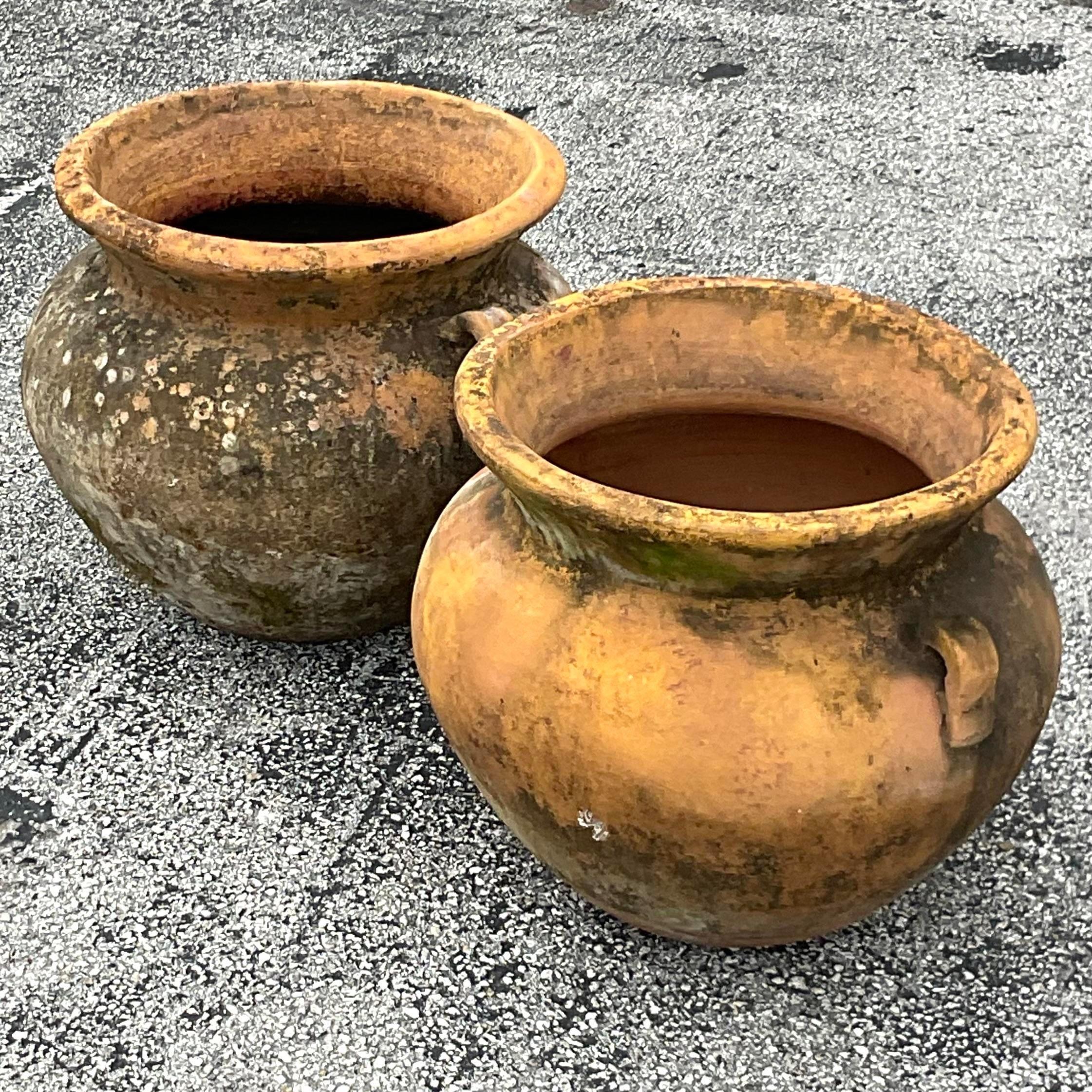 Vintage Boho Patinated Terra Cotta Planters - a Pair For Sale at 1stDibs