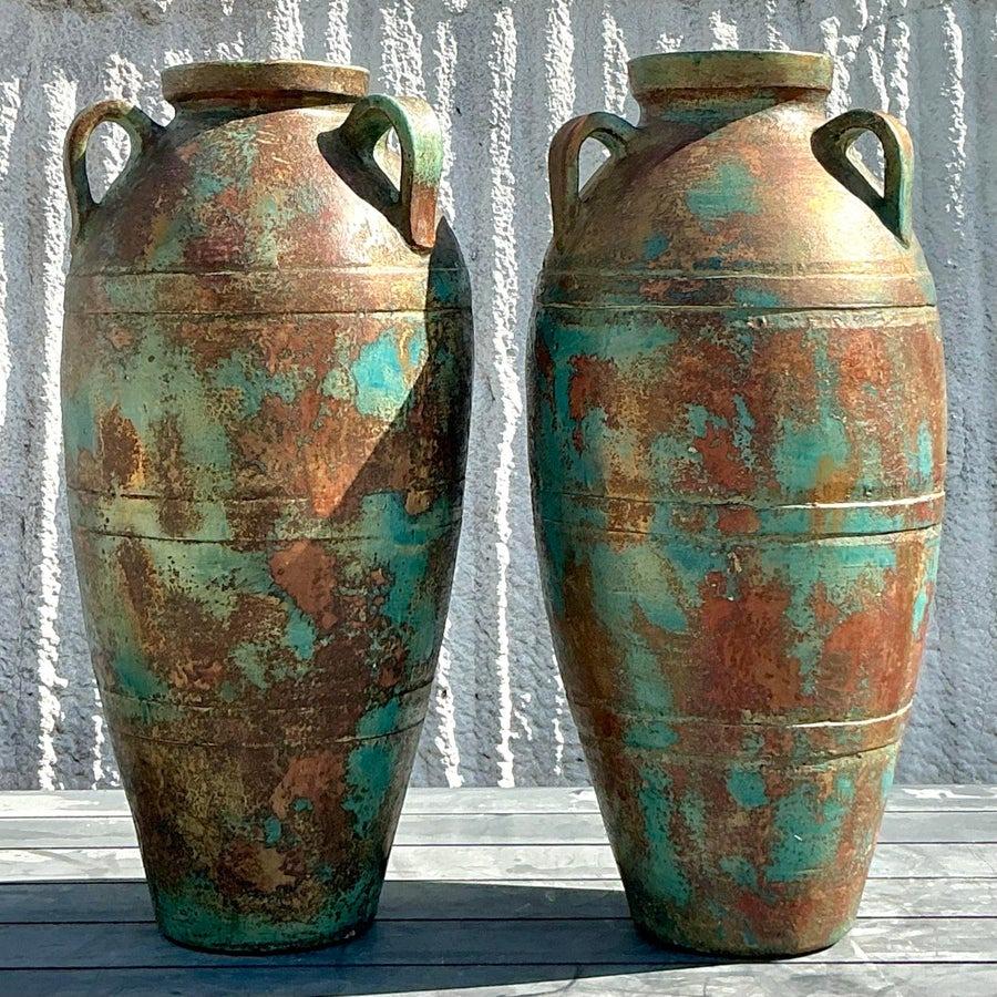 Vintage Boho Patinated Terra Cotta Urns - a Pair For Sale at 1stDibs