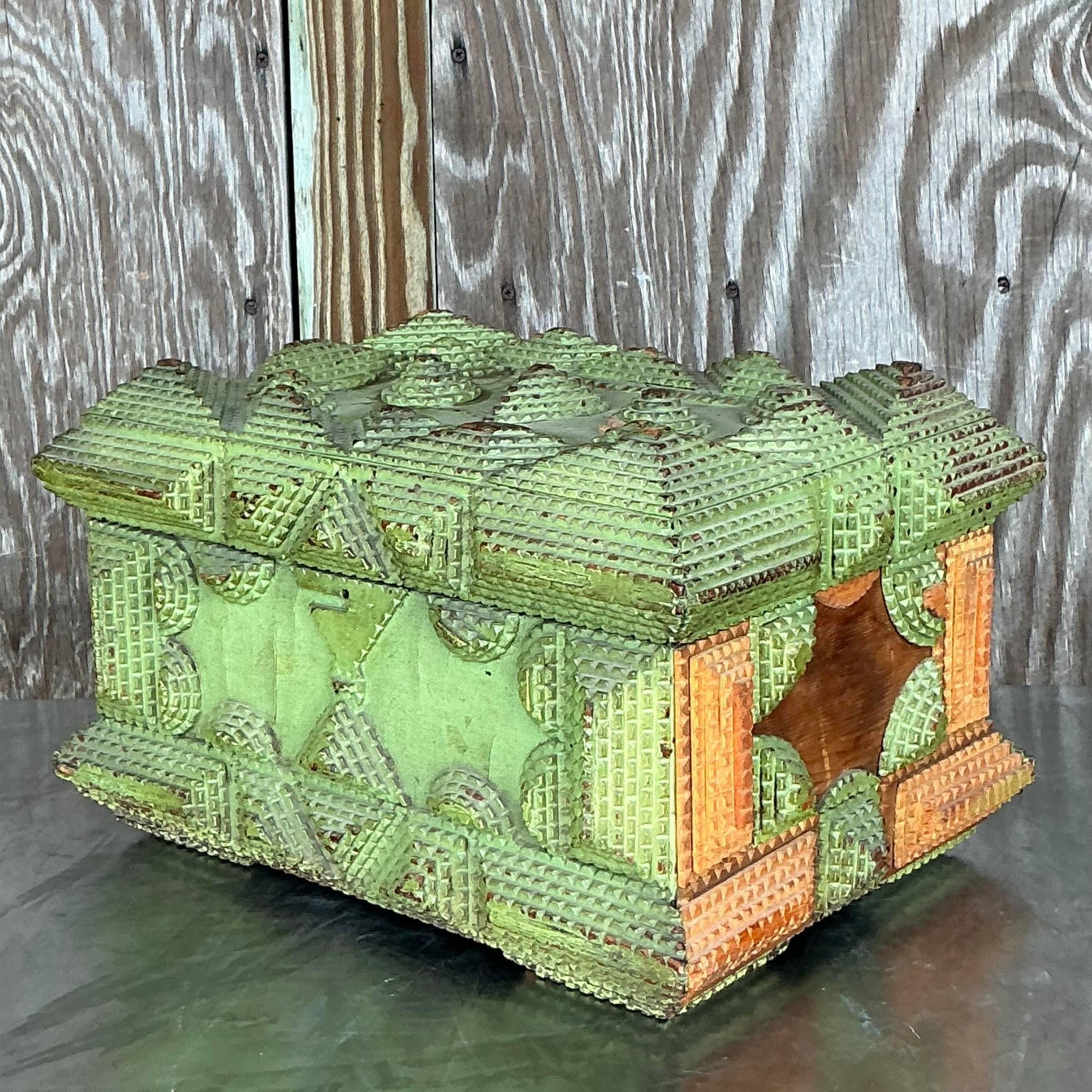 Vintage Boho Patinated Tramp Art Wooden Box For Sale at 1stDibs