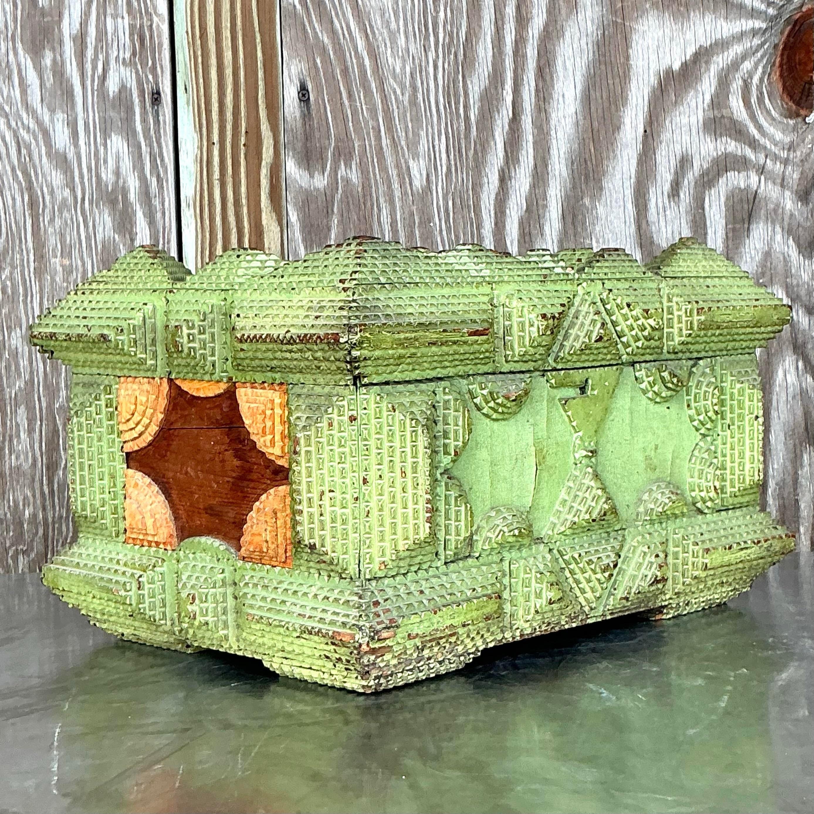 Vintage Boho Patinated Tramp Art Wooden Box For Sale at 1stDibs