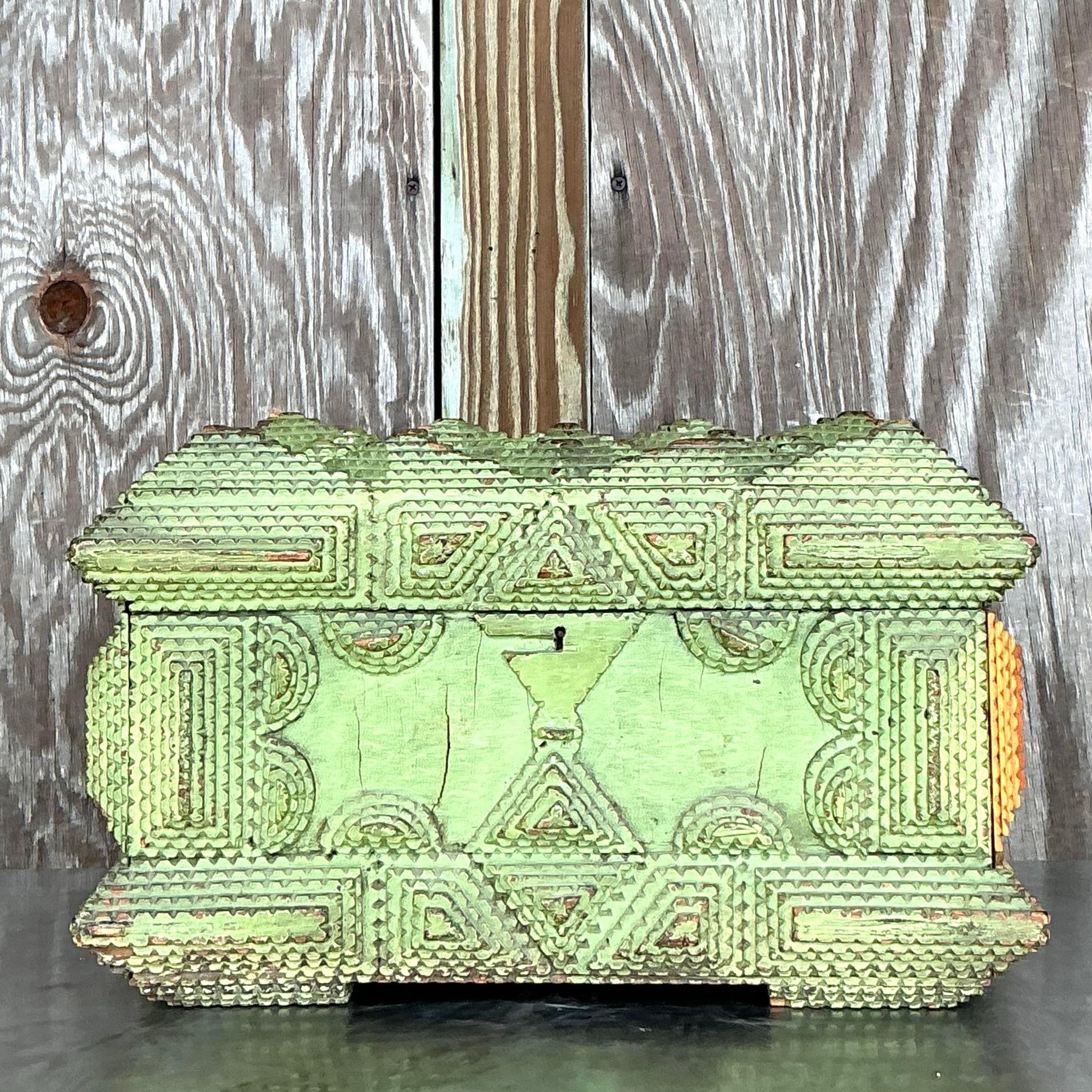 Vintage Boho Patinated Tramp Art Wooden Box For Sale at 1stDibs