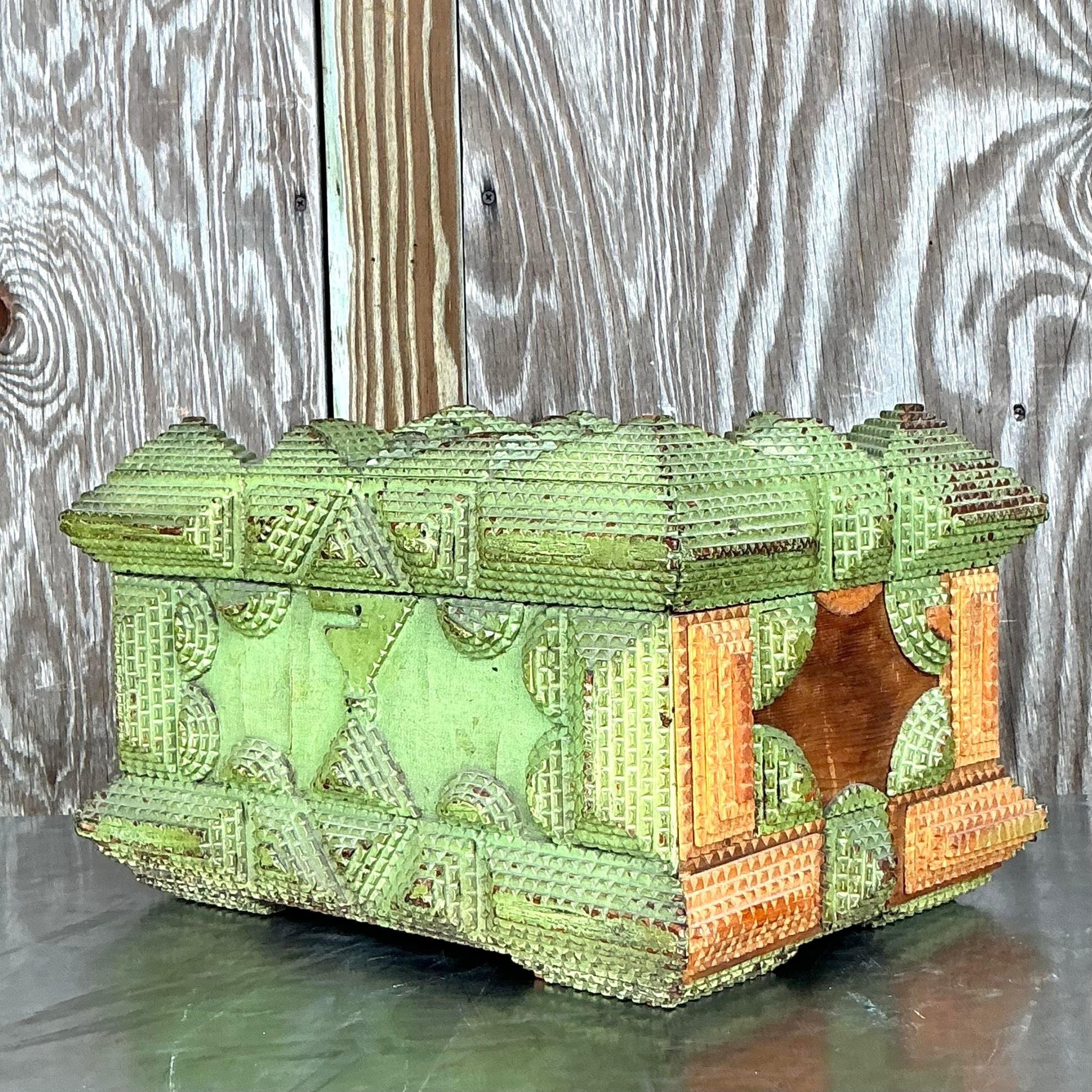 Vintage Boho Patinated Tramp Art Wooden Box For Sale at 1stDibs