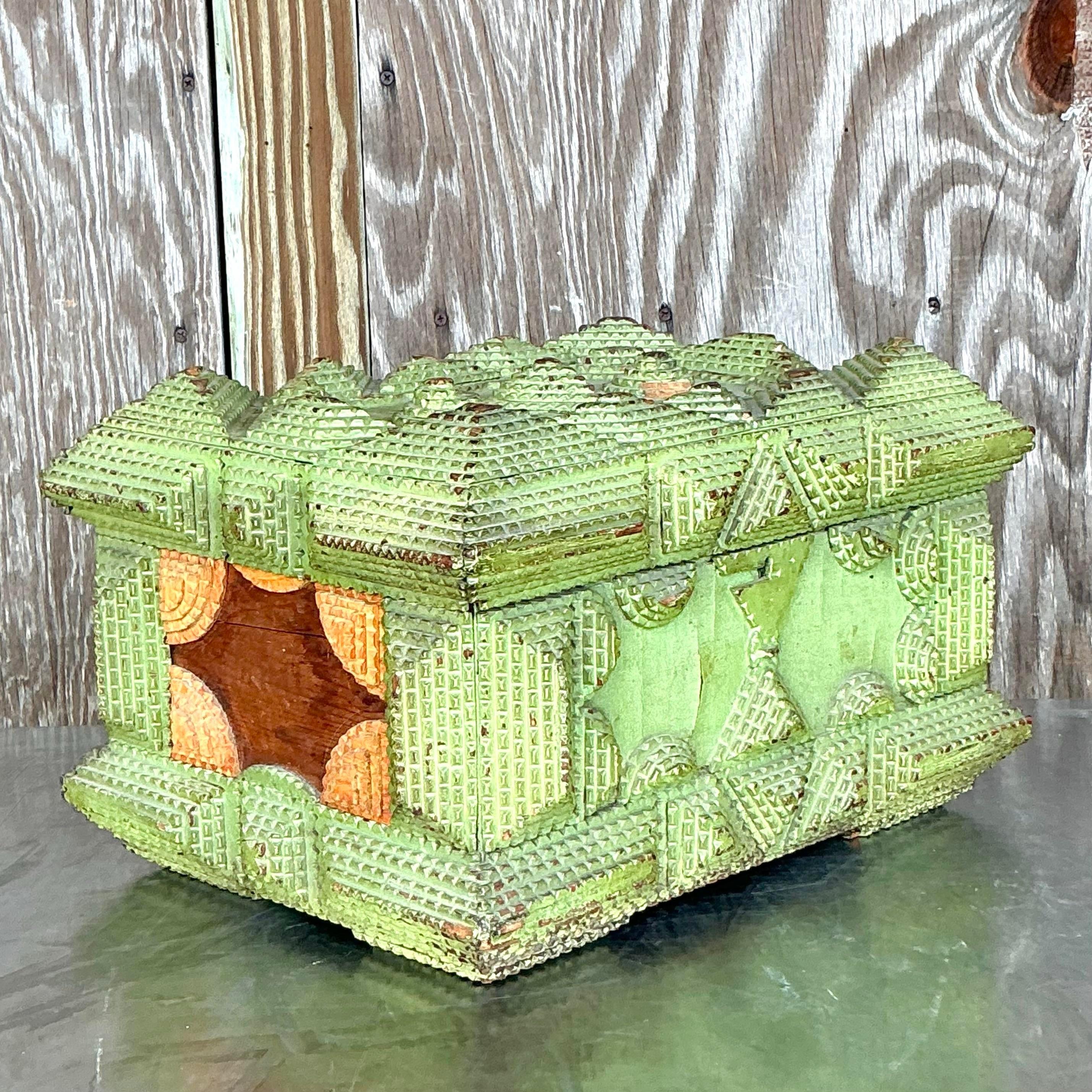 Vintage Boho Patinated Tramp Art Wooden Box For Sale at 1stDibs