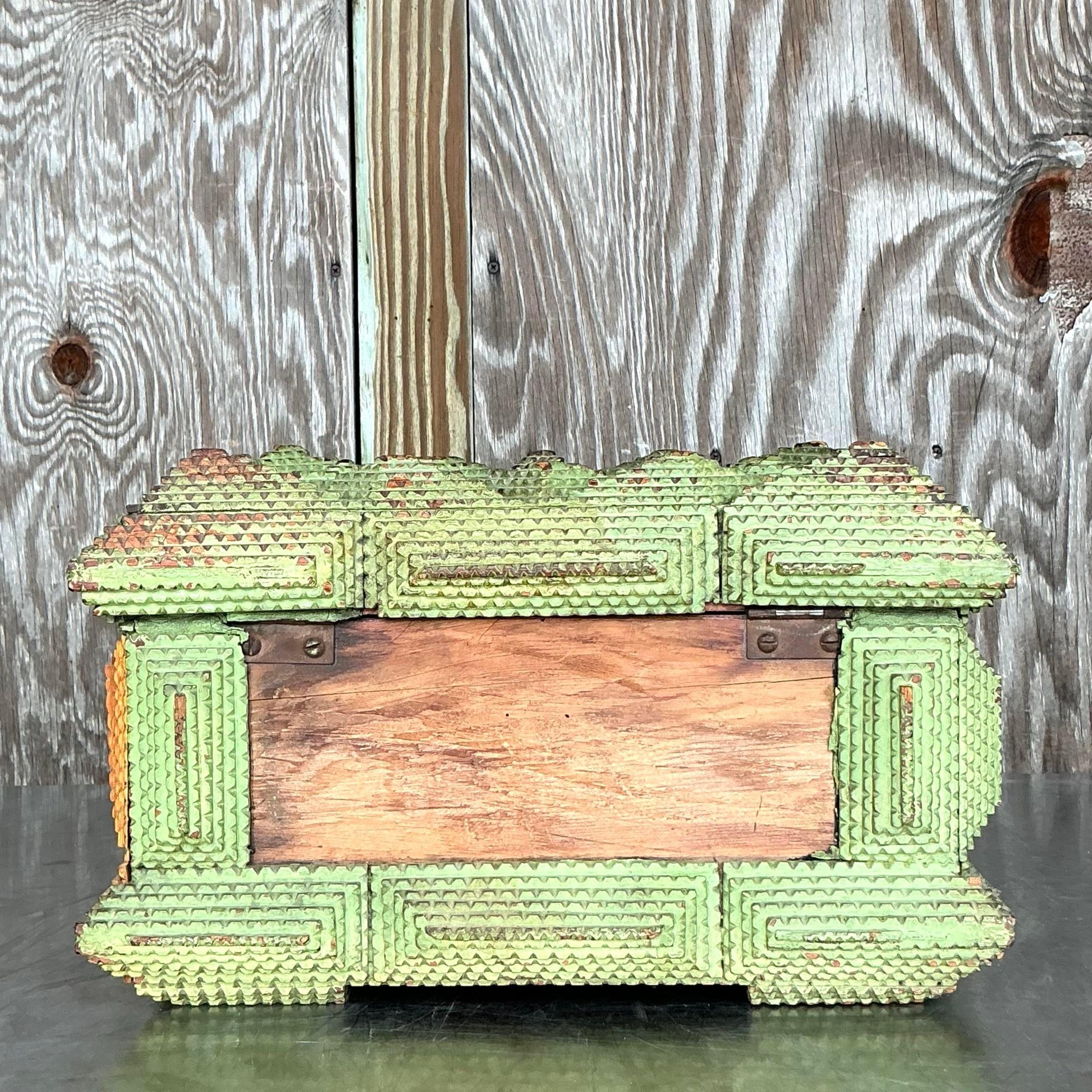 Vintage Boho Patinated Tramp Art Wooden Box For Sale at 1stDibs