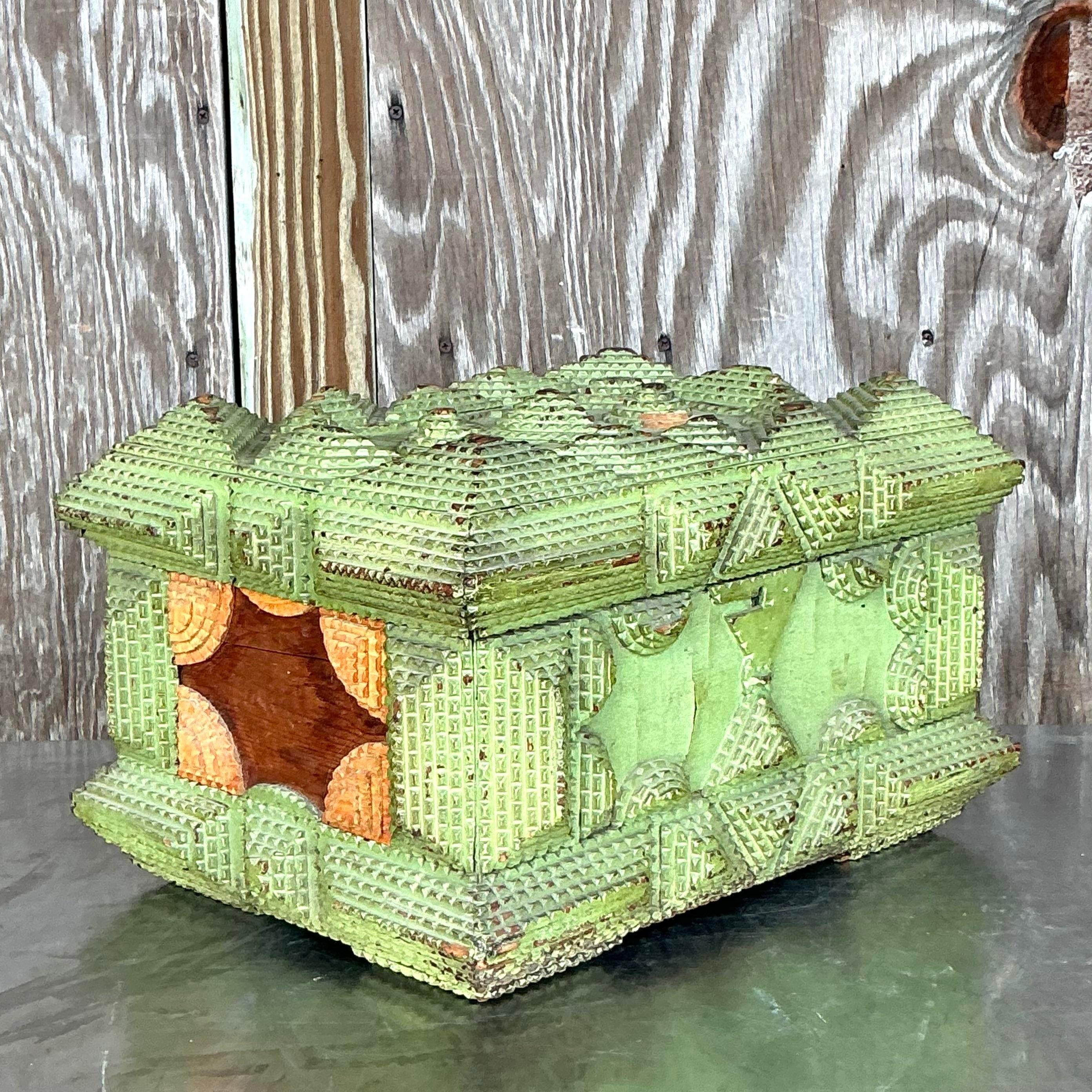Vintage Boho Patinated Tramp Art Wooden Box For Sale at 1stDibs