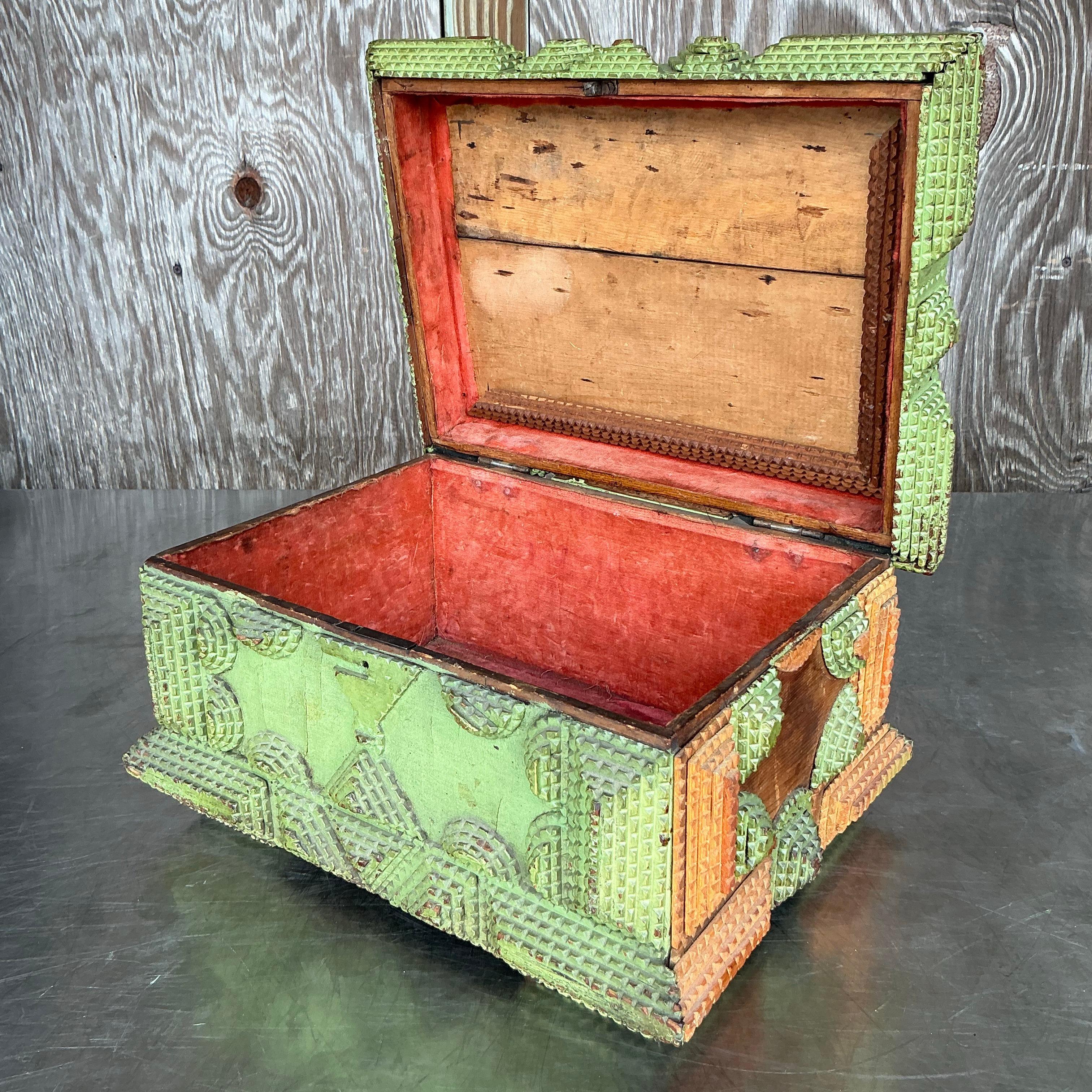 Vintage Boho Patinated Tramp Art Wooden Box For Sale at 1stDibs