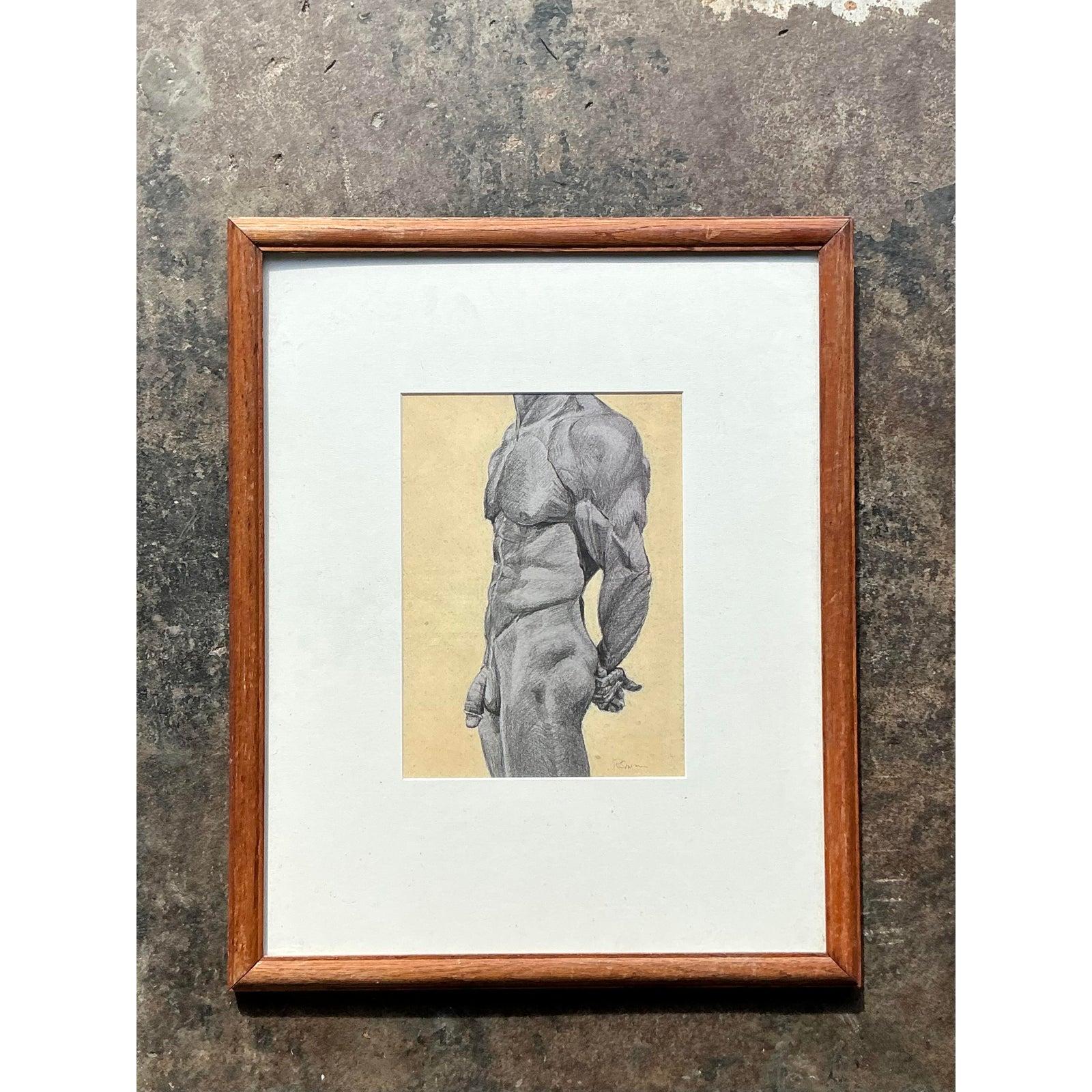 Vintage Boho Pencil Sketch Print Of Male Nude For Sale At 1stdibs