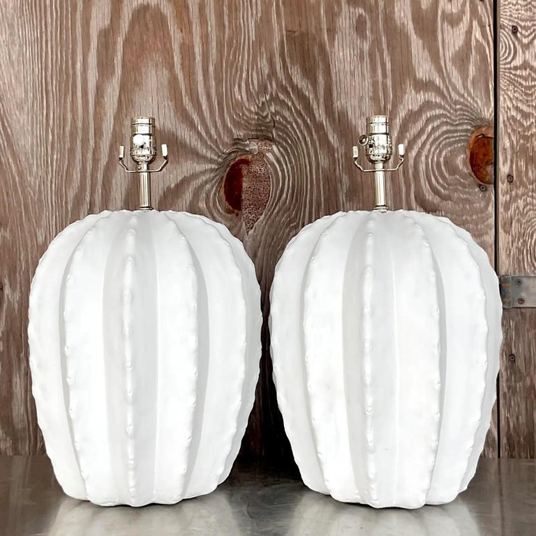 Vintage Boho Plaster Cactus Table Lamps - a Pair For Sale at 1stDibs