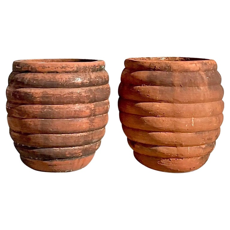 Vintage Boho Ribbed Terracotta Planters, Pair For Sale at 1stDibs